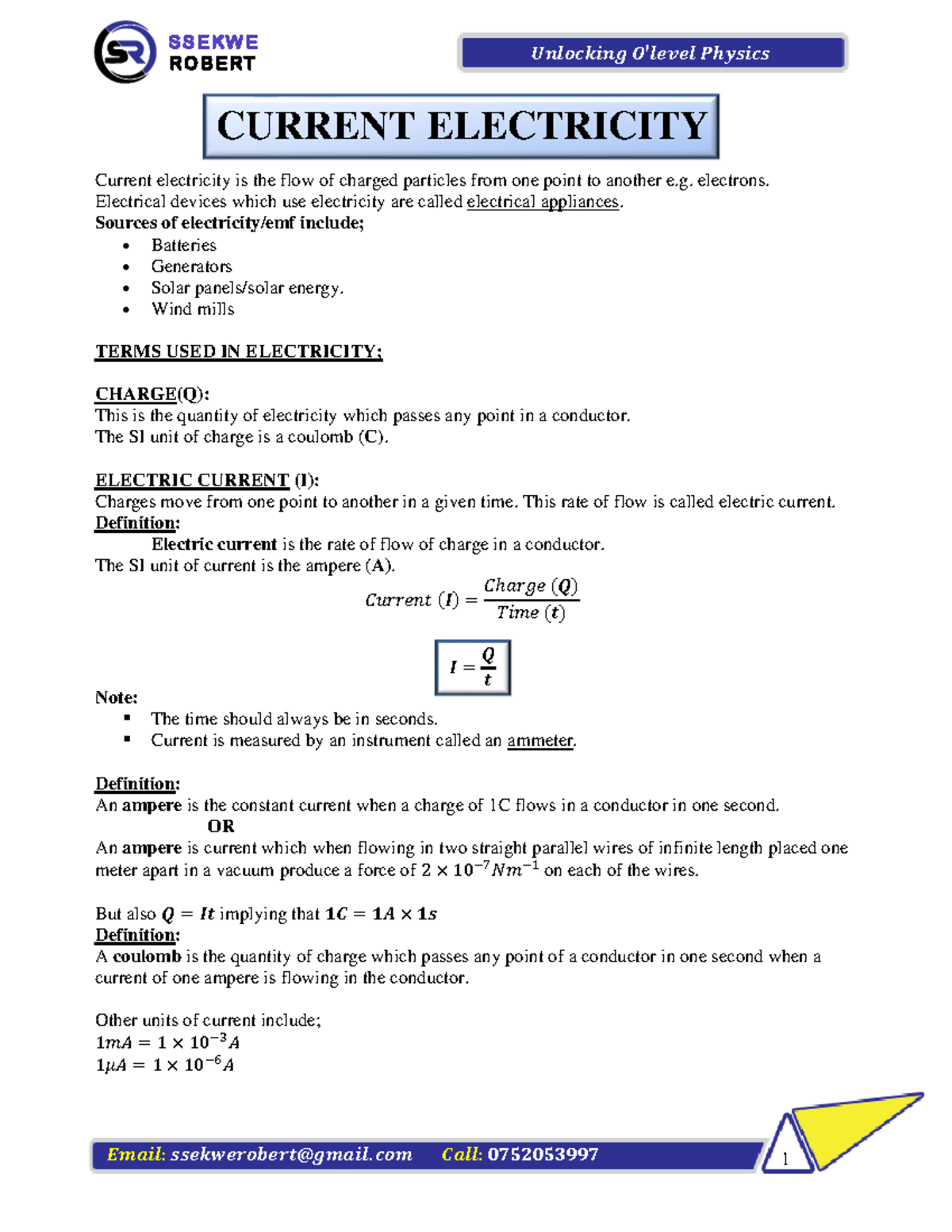 S.4 Physics Current Electricity Study Notes - ssekwe-1 - Studocu