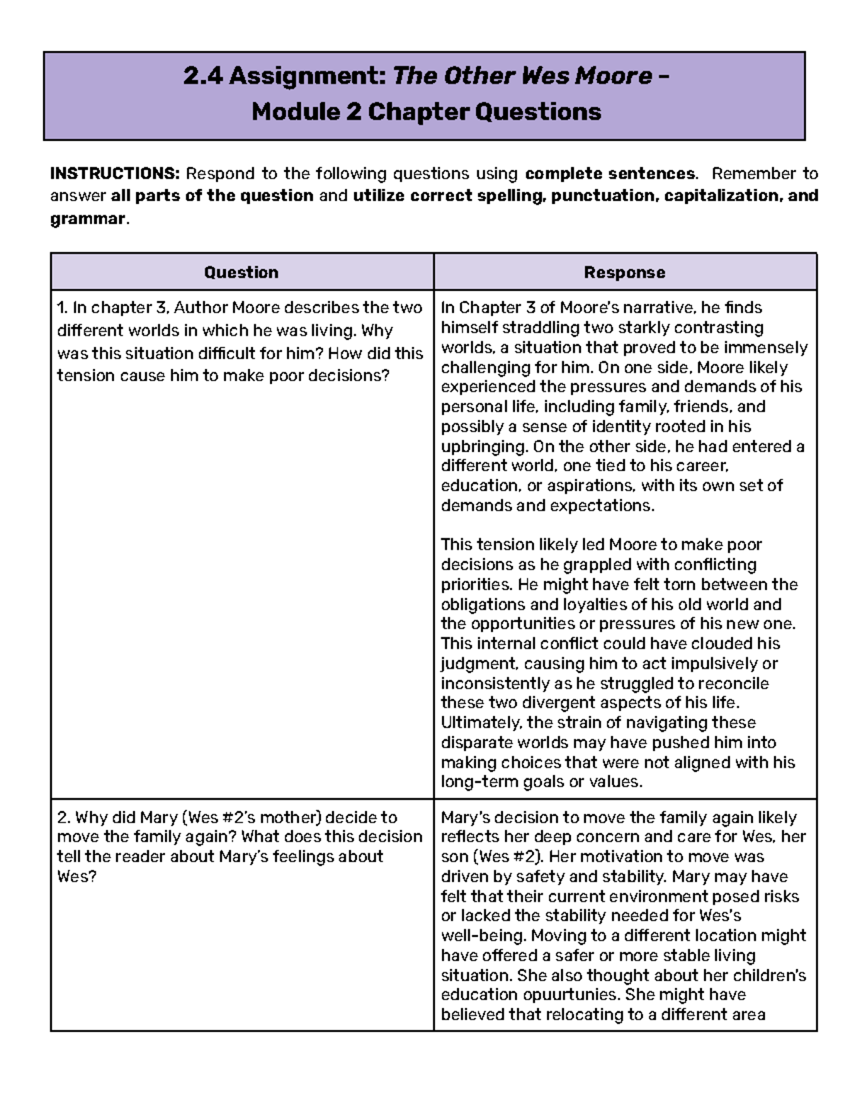 U1M2-L2.4 - The Other Wes Moore - Chapter 3-4 Questions - 2 Assignment ...