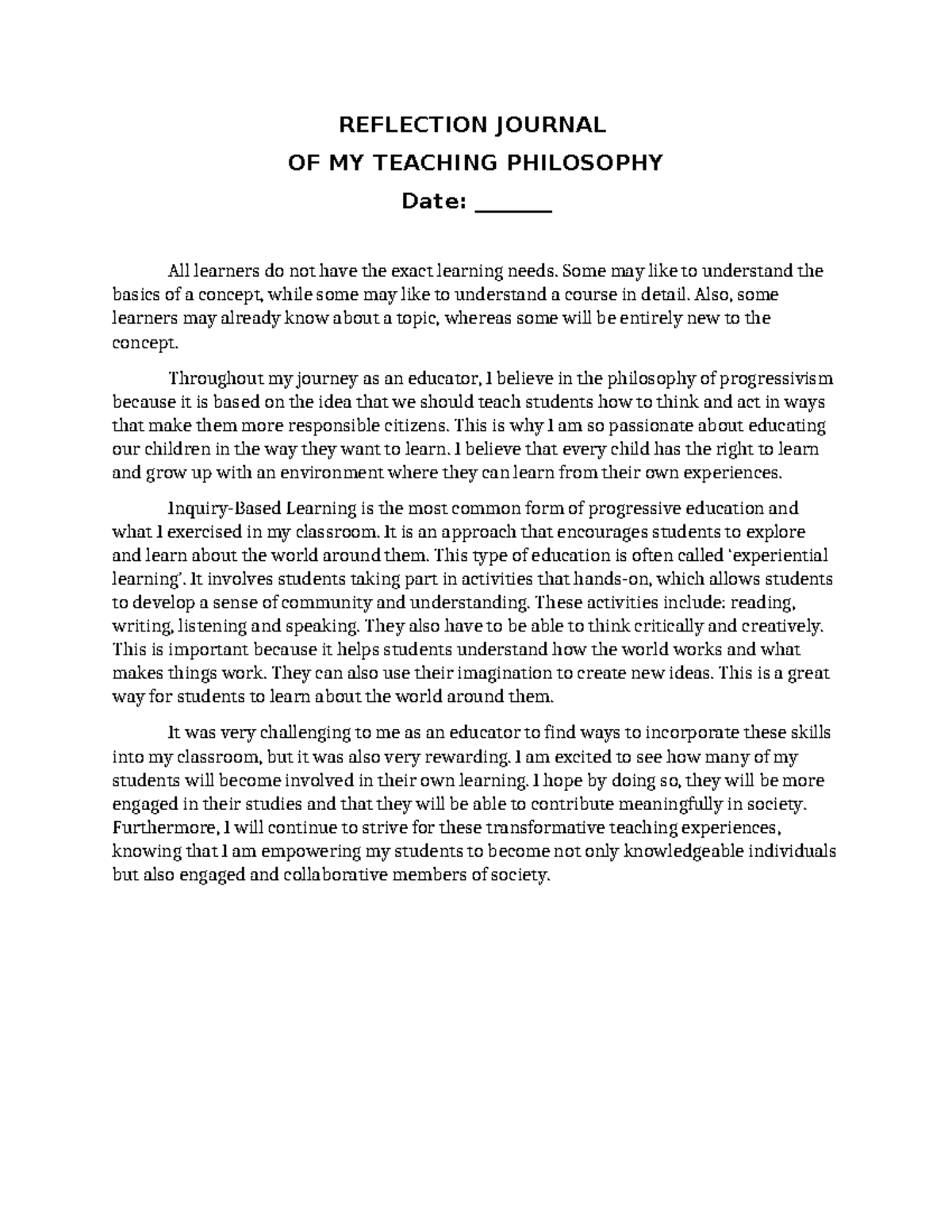 Obj. 13 NANA Reflection on My Teaching Philosophy: Progressivism - Studocu