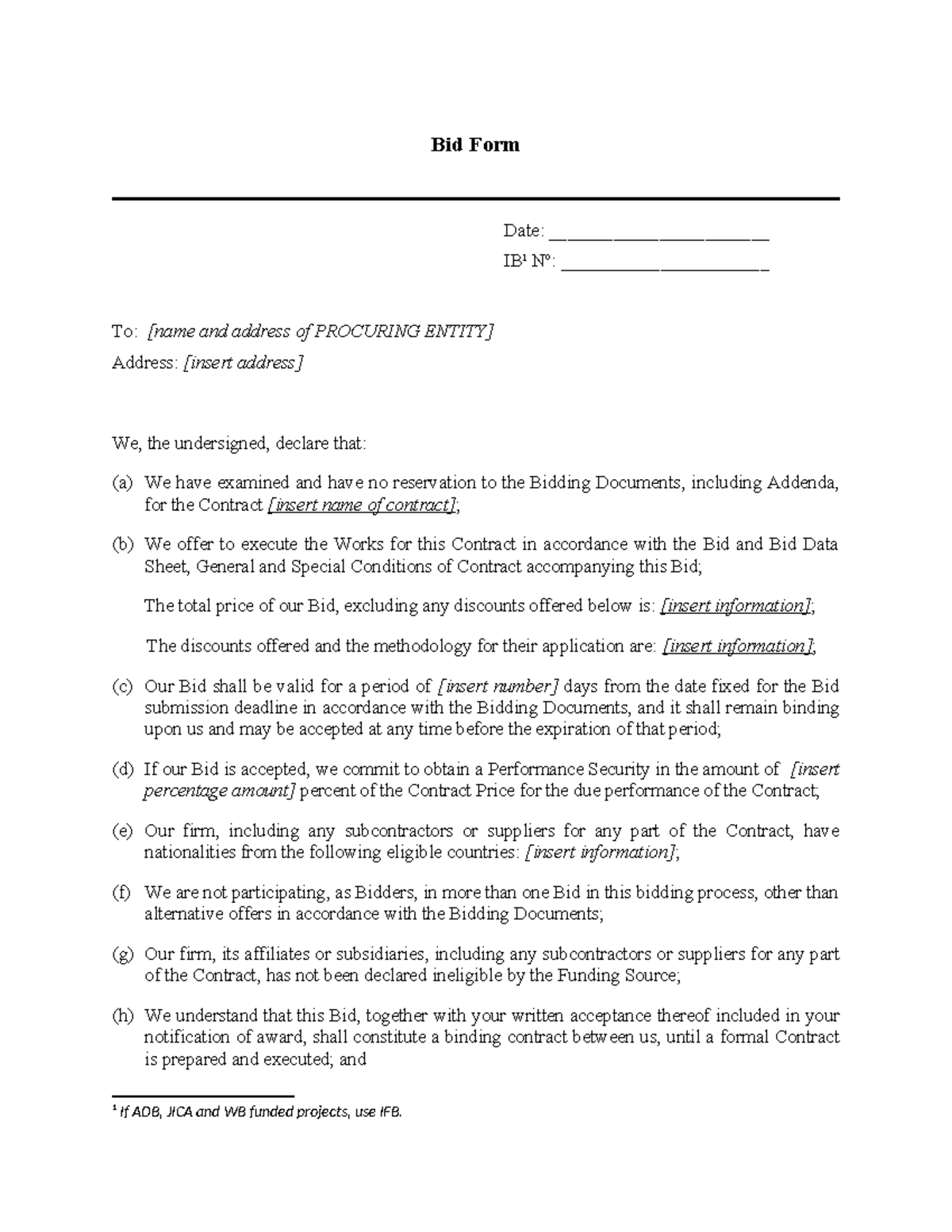 Bid Form Template for IB1 Contract Submission - Studocu