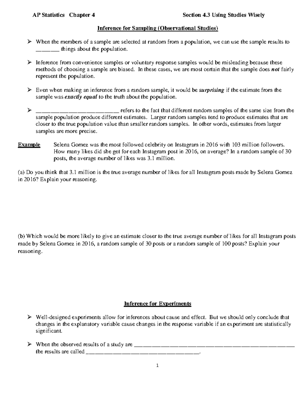 TPS6 Section 4.3 Using Studies Wisely - AP Statistics Chapter 4 Section ...
