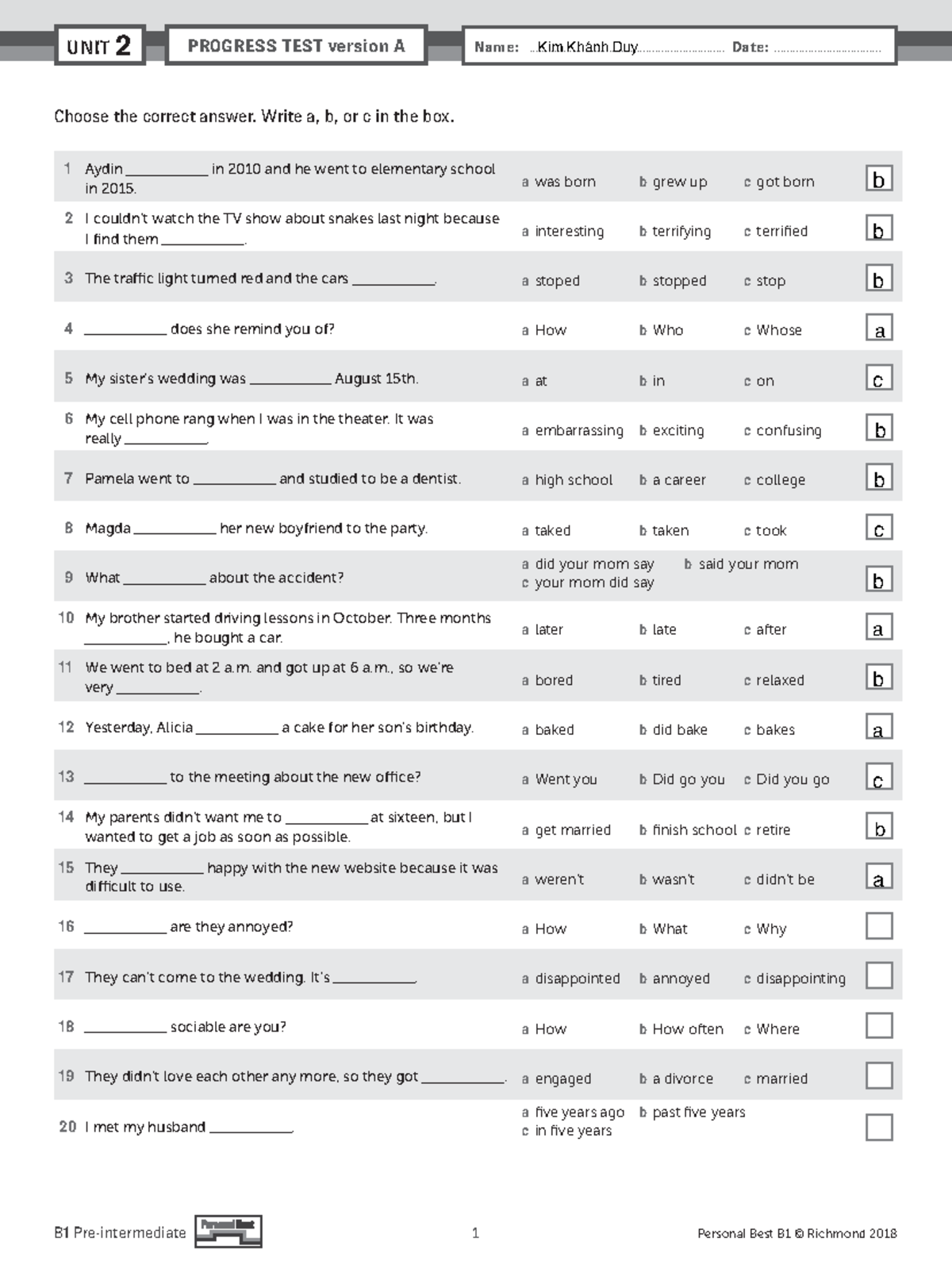 PB Am E B1 Unit Test U2 Version A - Choose the correct answer. Write a ...