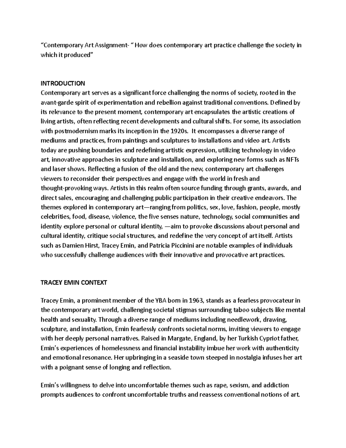 Contemporary Art Assignment - Defined by its relevance to the present ...