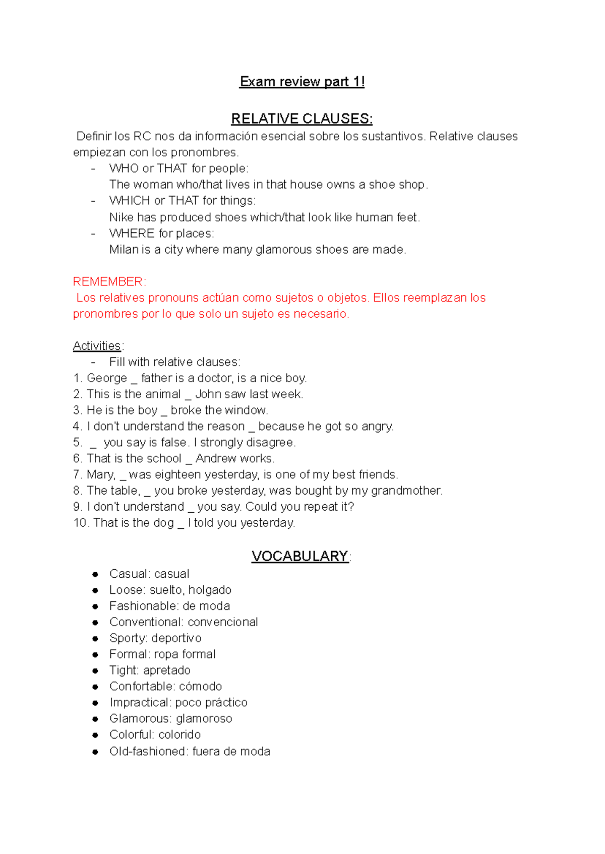 Exam Review Part 1: Relative Clauses & Vocabulary Insights - Studocu