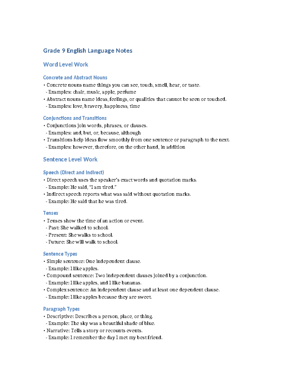 Grade 9 English Language Notes: Nouns, Conjunctions, and More - Studocu