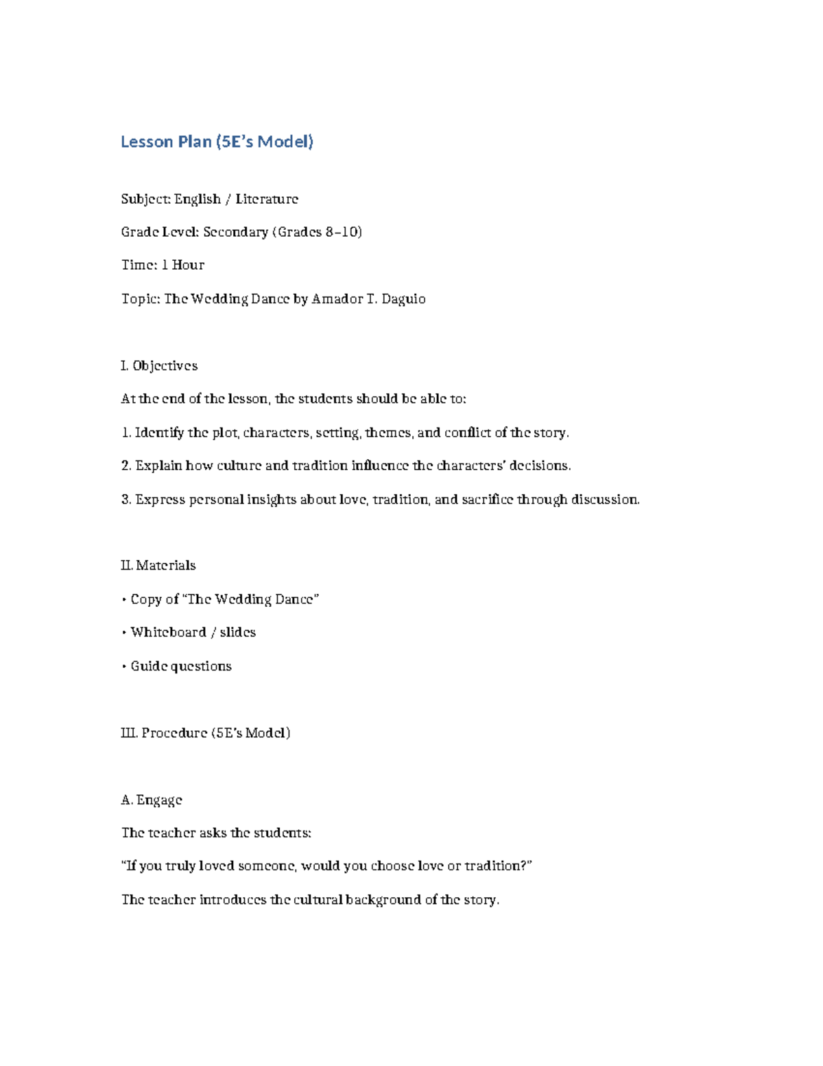 ENG 201: The Wedding Dance 5Es Lesson Plan for Secondary Students - Studocu