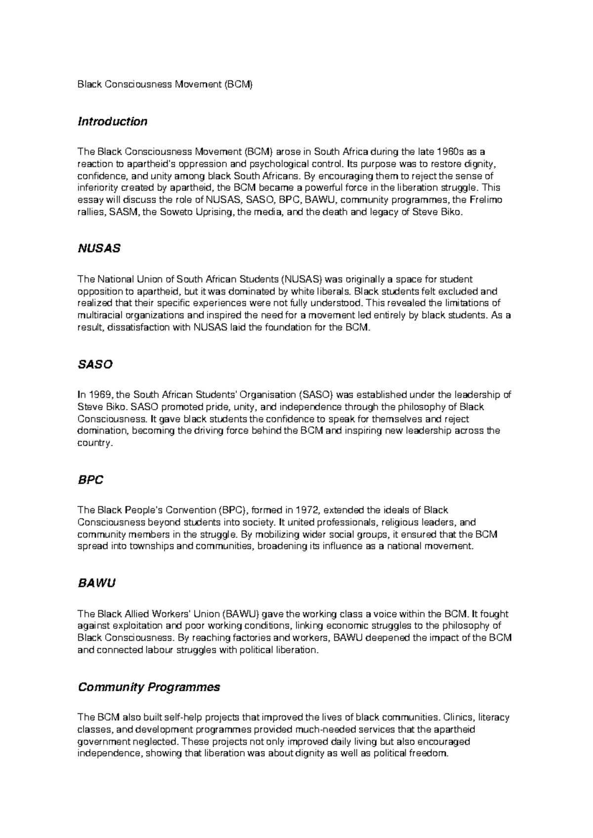 Black Consciousness Movement (BCM) Essay Overview - Studocu