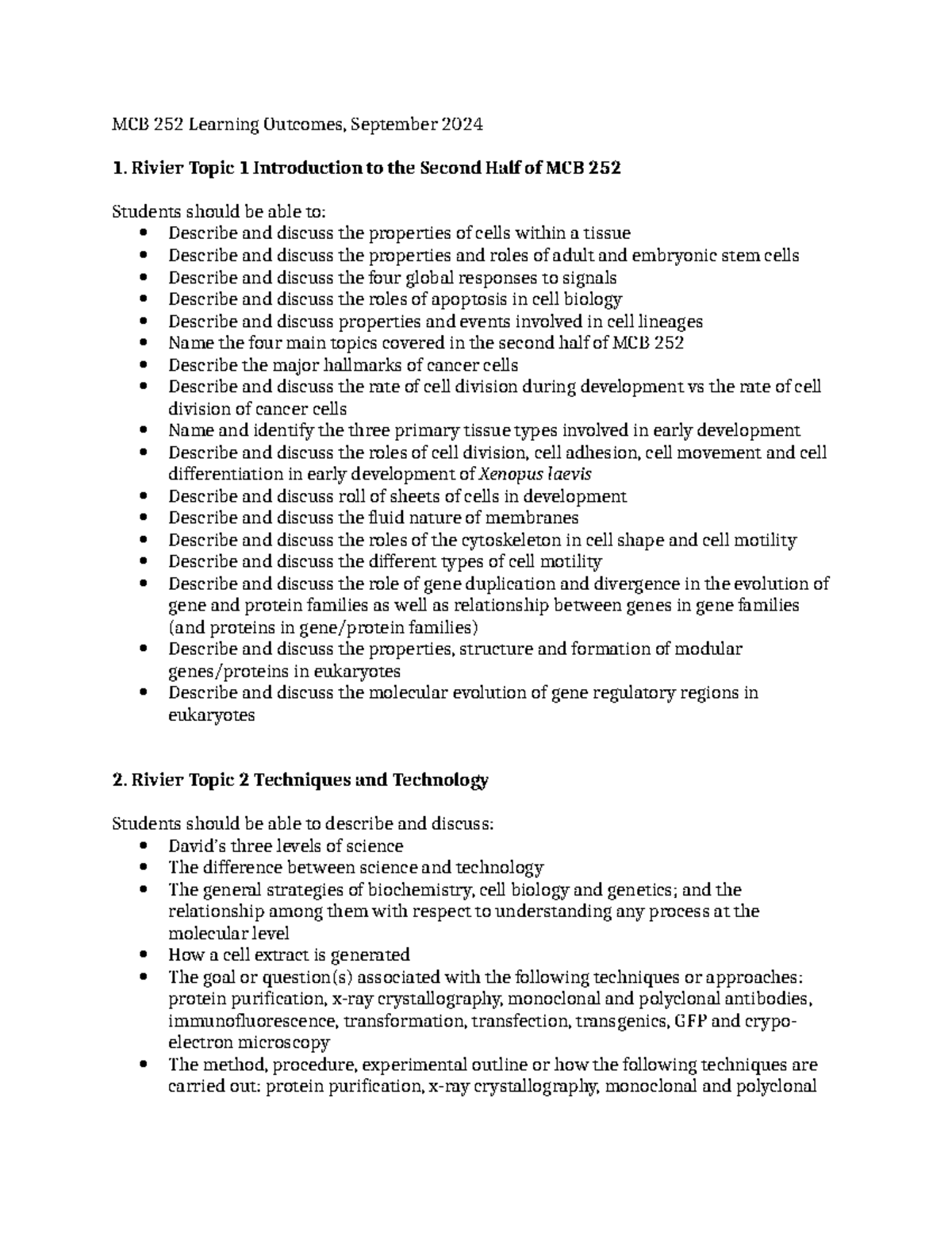 MCB 252 Learning Outcomes Topics 1-7 Fall 2024 - MCB 252 Learning ...