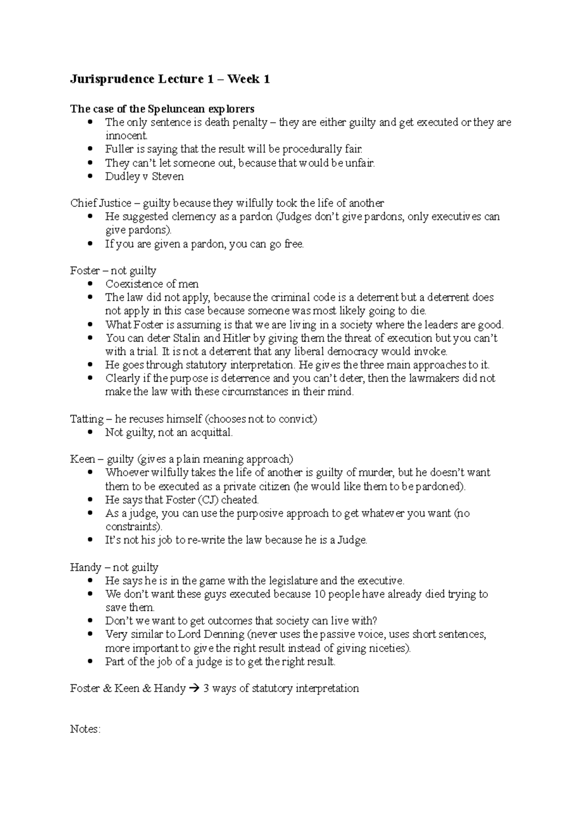 Jurisprudence Lecture Notes: The Speluncean Explorers Case & Key ...