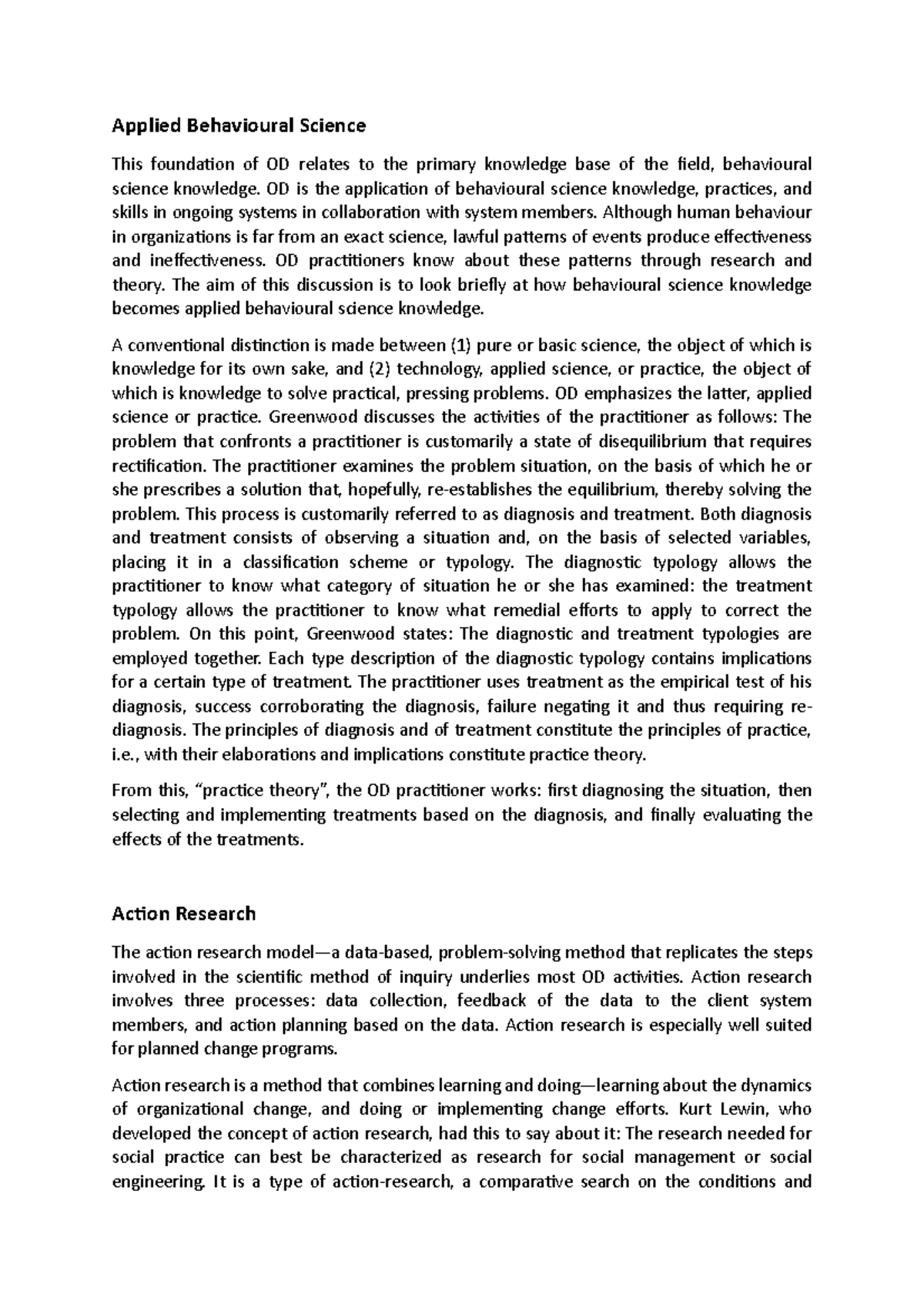 Applied Behavioural Science and Action Research in OD Practices - Studocu