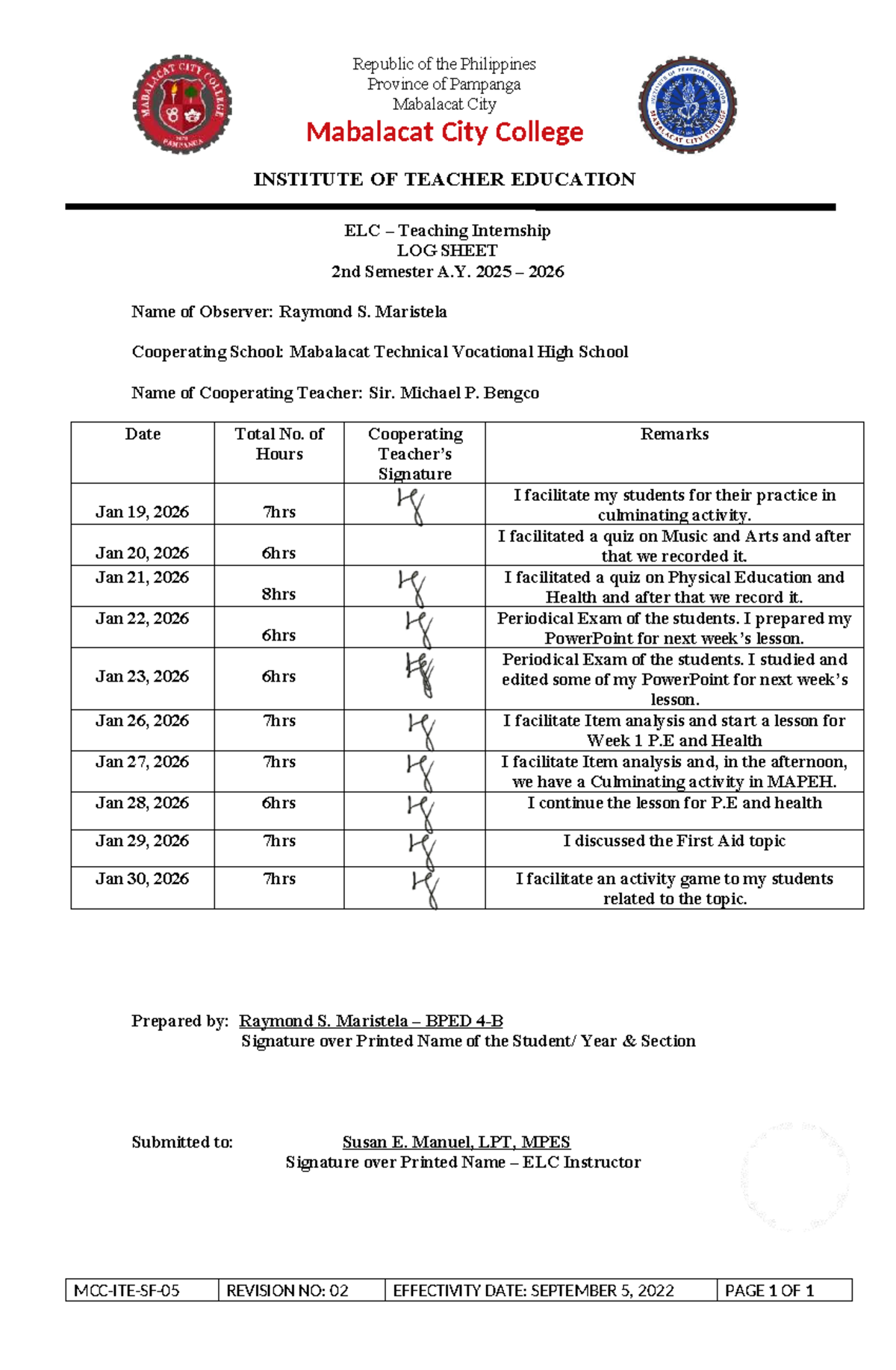ELC Teaching Internship Log Sheet - 2nd Sem A.Y. 2025-2026 - Studocu