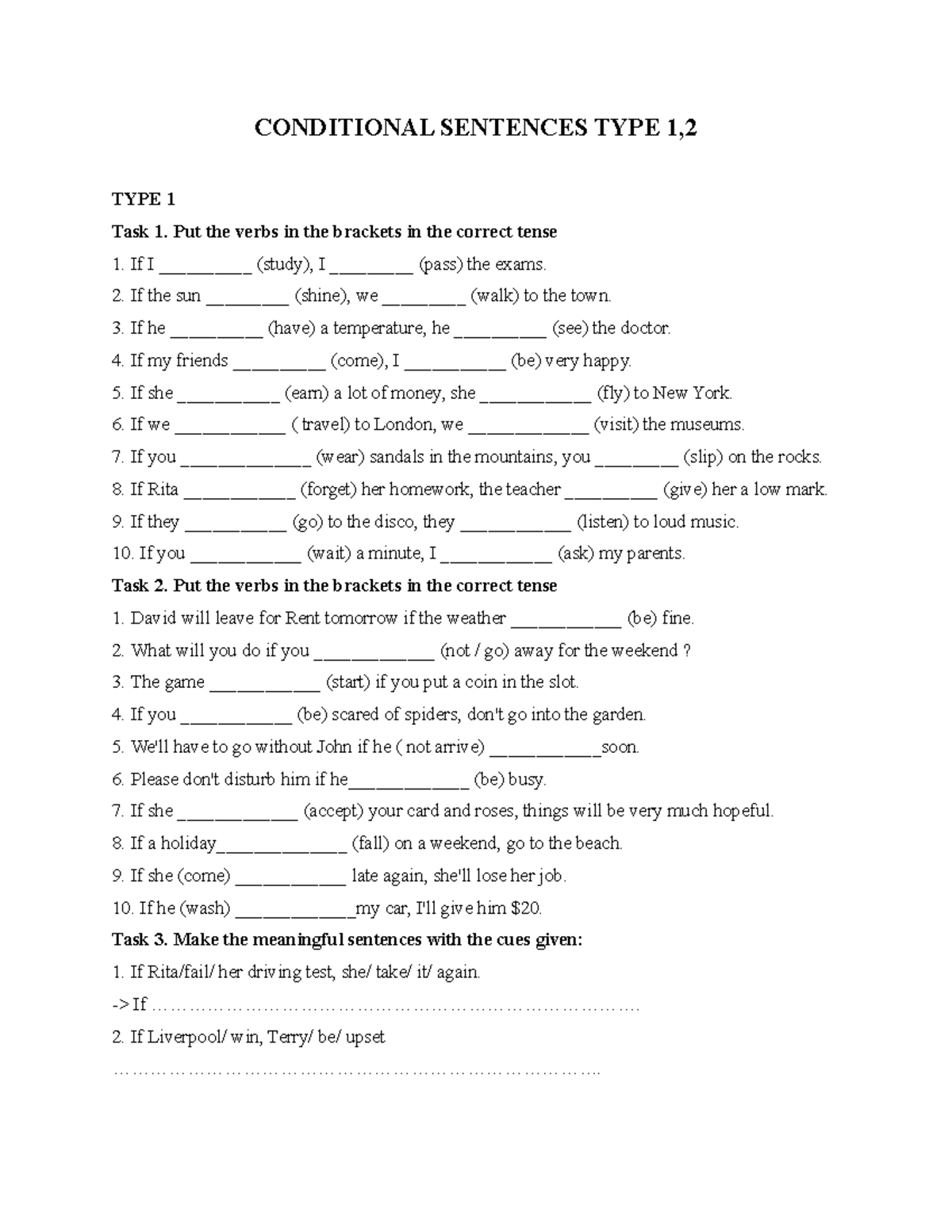 Conditional Sentences TYPE 1,2 Lớp 10 Exercises - Studocu