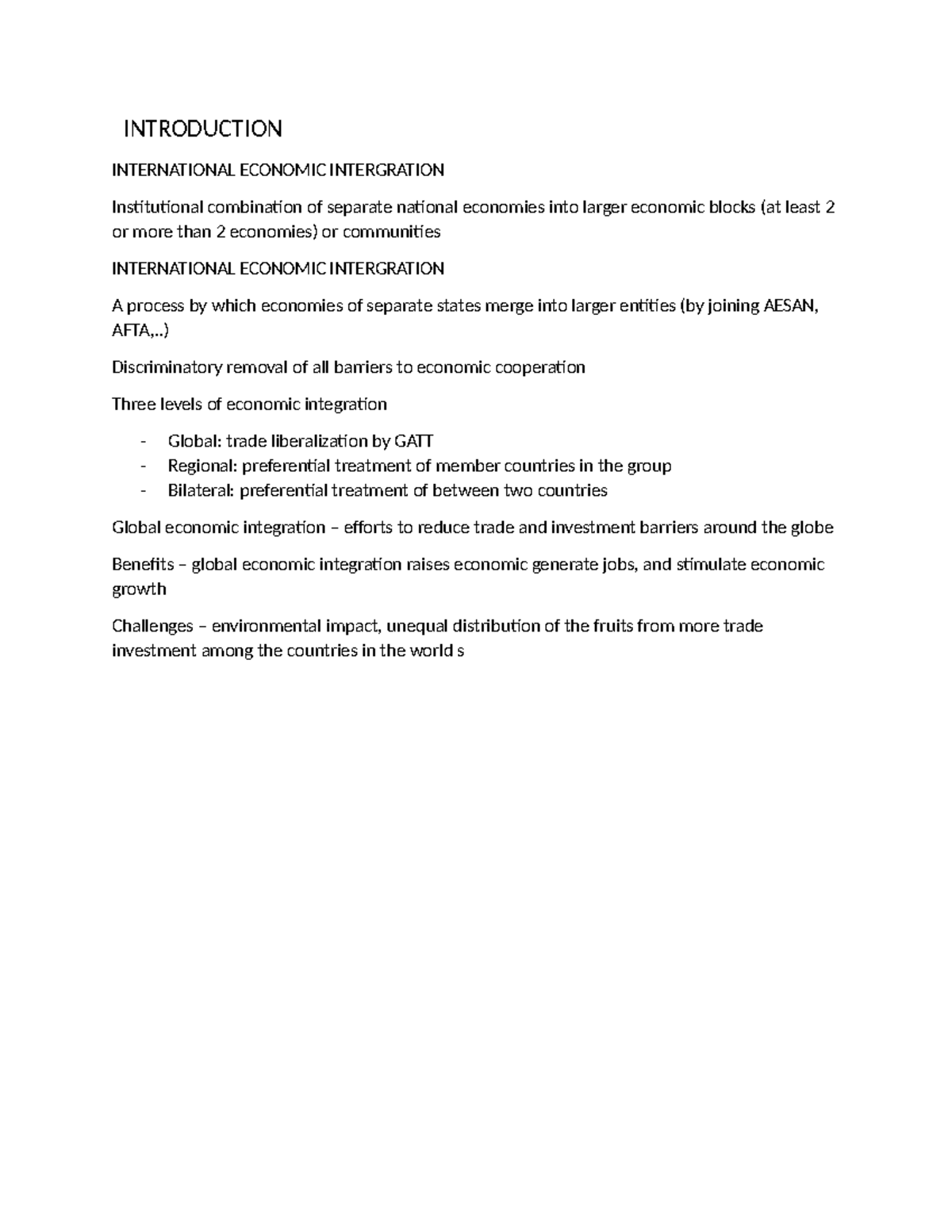 ECON101: Overview of International Economic Integration Concepts - Studocu