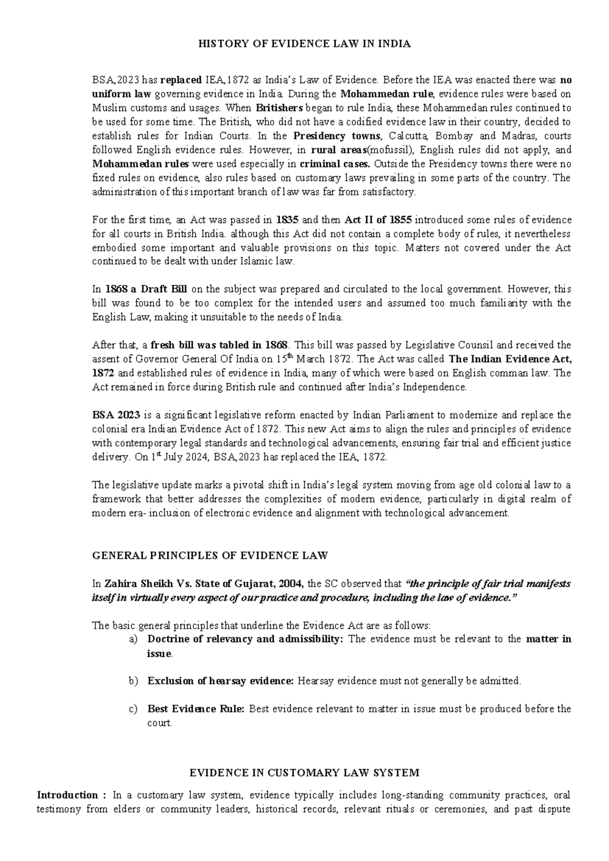 History, General Principles of Evidence Law & Customary Law BSA 2023 ...