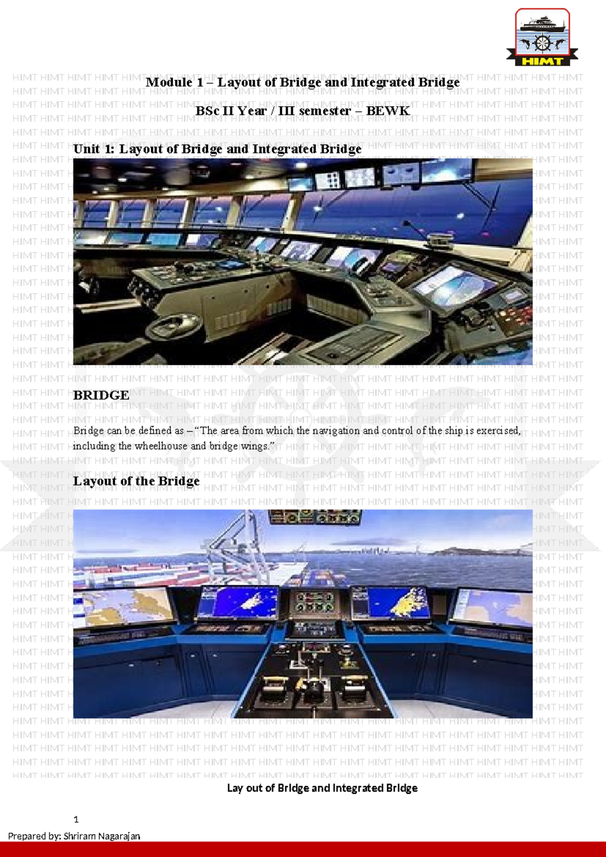 HIMT BSc Sem 3 - Unit 1: Layout of Bridge & Integrated Bridge - Studocu