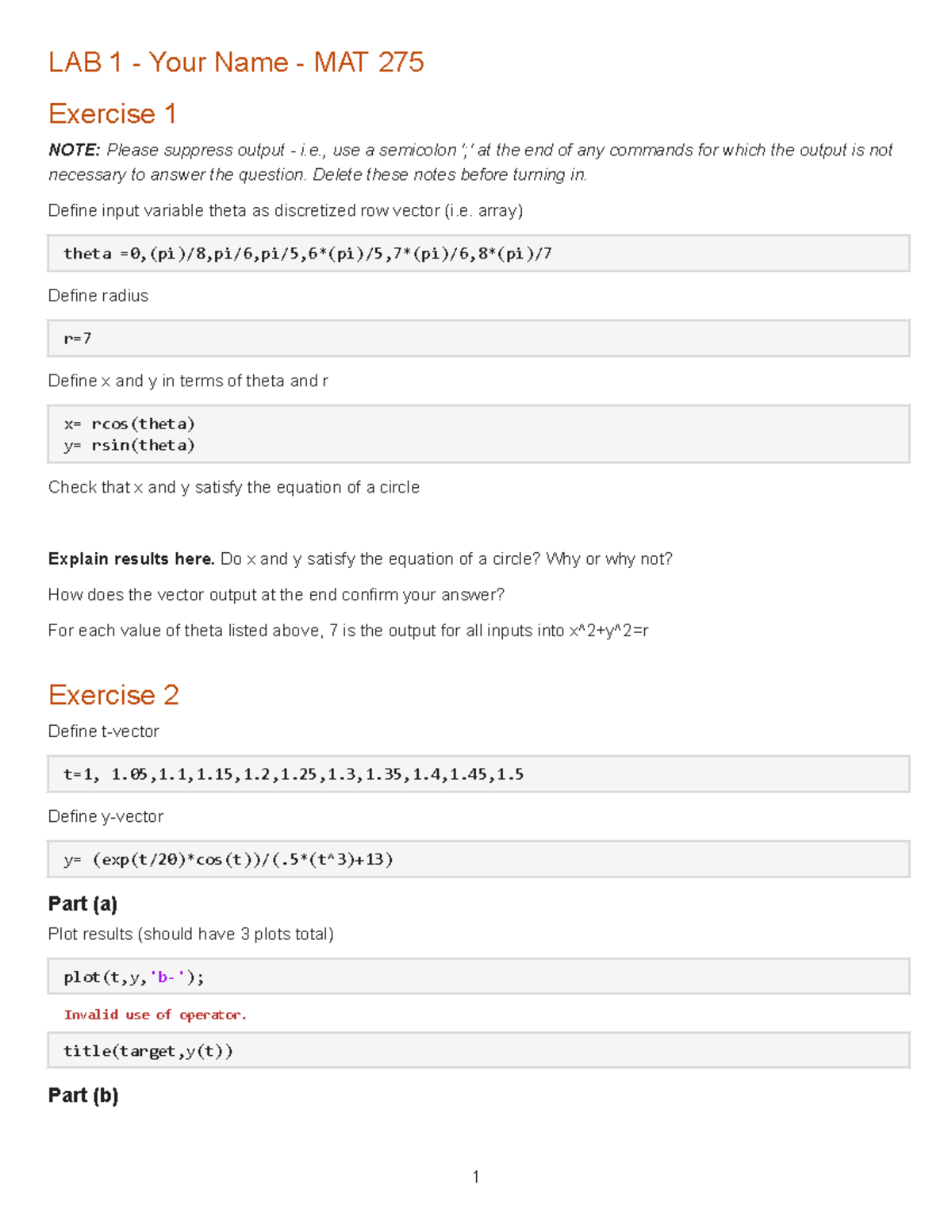 Lab 1 template - LAB 1 - Your Name - MAT 275 Exercise 1 NOTE: Please ...