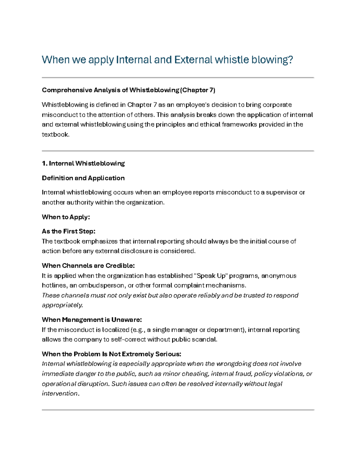 Whistleblowing Dynamics: Internal vs. External Approaches (BUS 101 ...