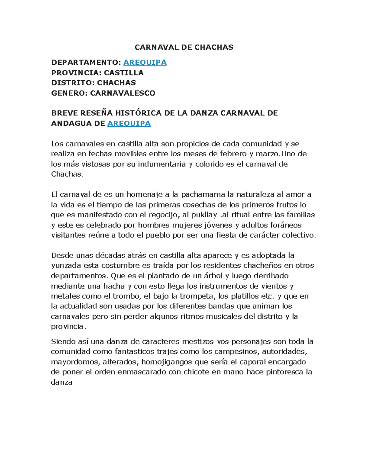 Reseña histórica del Carnaval de Chachas - Apuntes de danza - Studocu