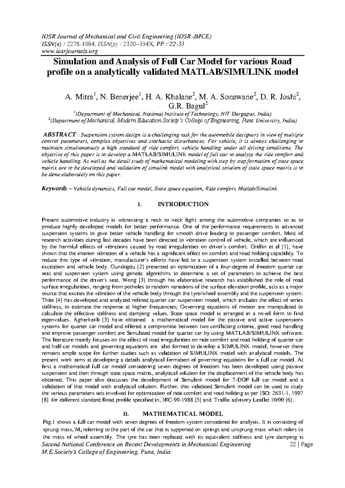 Simulation and Analysis of Full Car Model for Various Road Profiles (ME ...