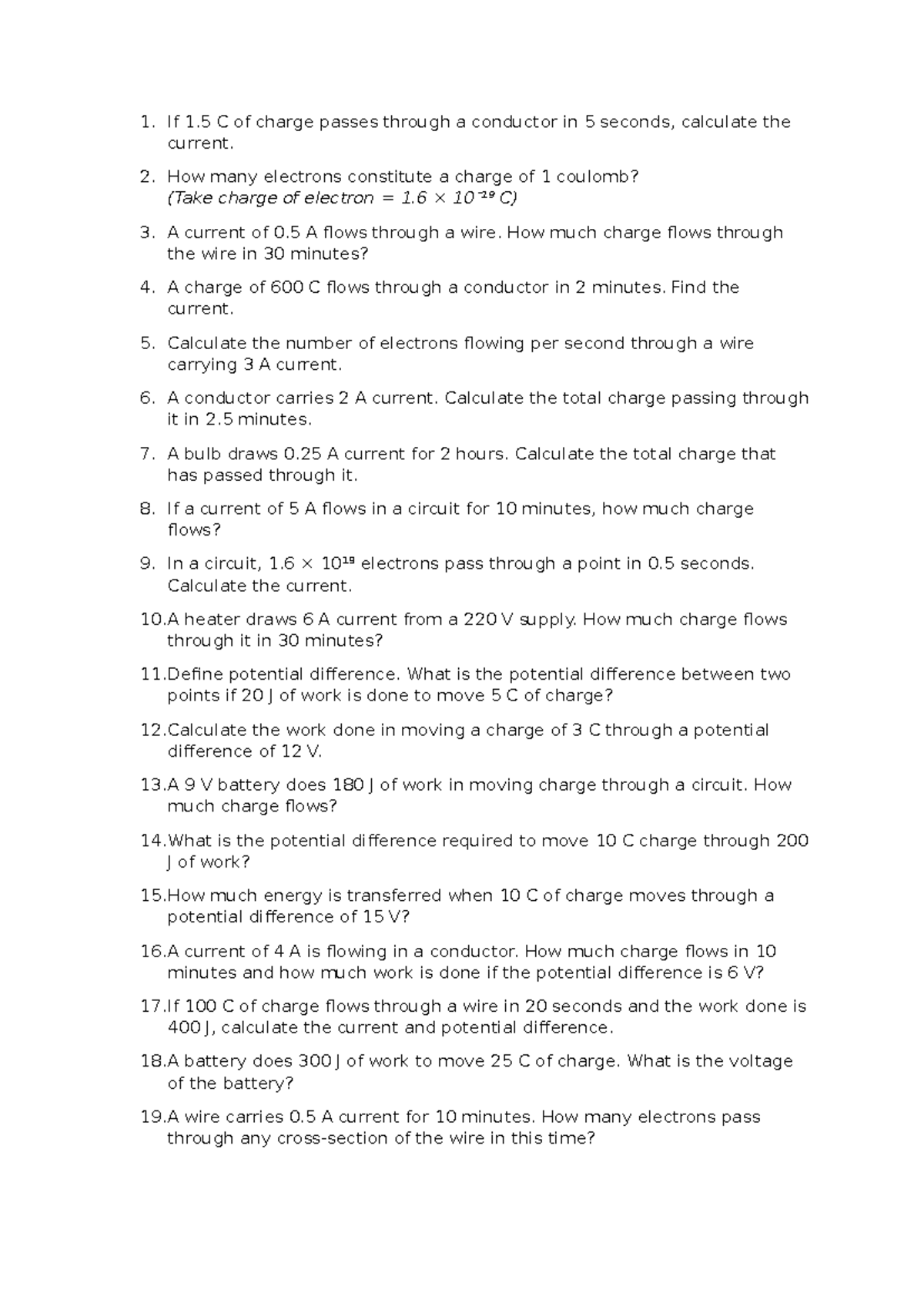 Physics Worksheet: Current, Charge, and Resistance Calculations (PHY101 ...