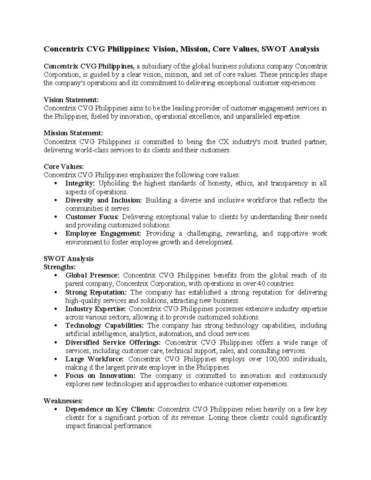 Strategic Management - Concentrix CVG Philippines: Vision, Mission ...