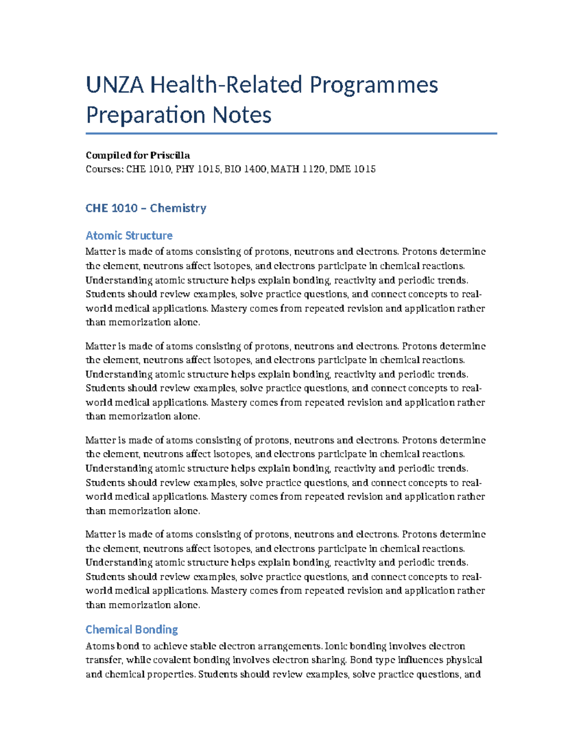 UNZA Health Sciences Exam Prep Notes: CHE 1010, PHY 1015, BIO 1400 ...