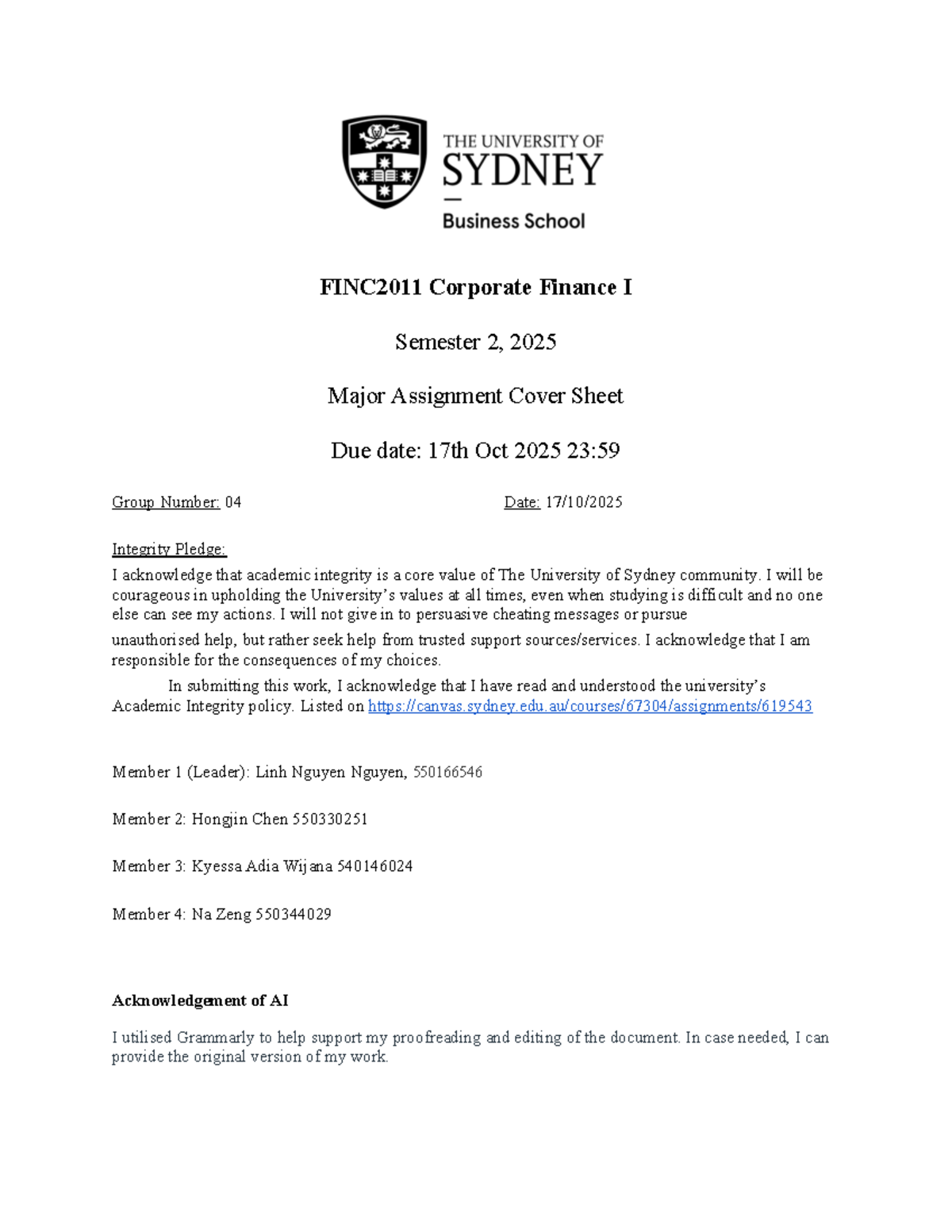 FINC2011 Corporate Finance I Semester 2, 2025 Major Assignment Analysis ...