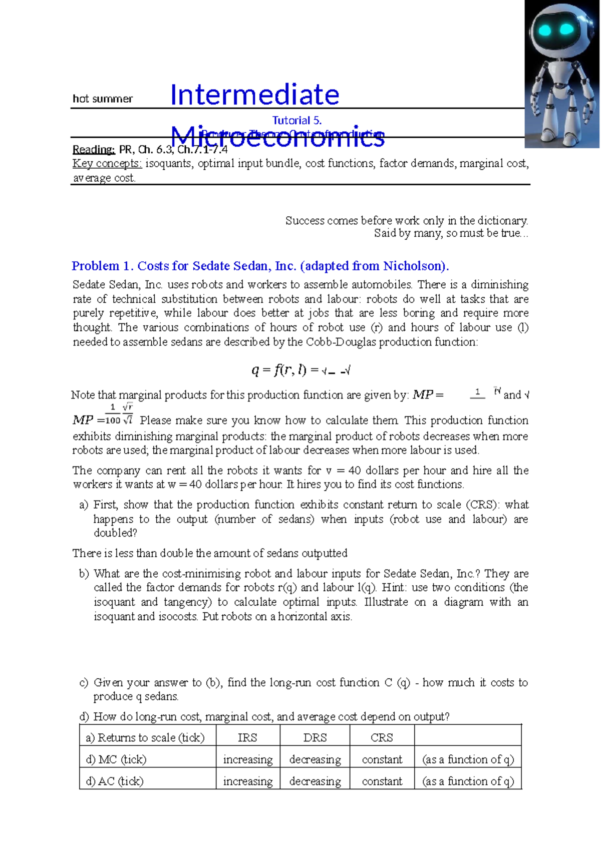 Intermediate Microeconomics T5: Producer Theory & Cost Functions - Studocu
