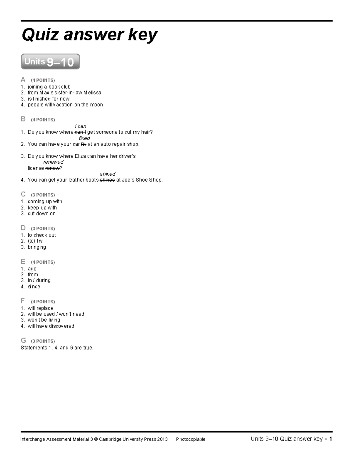 IC4 L3 WQ U9to10 Key - Respuesta para quiz unit 9 al 10 - Interchange Assessment Material 3 ...