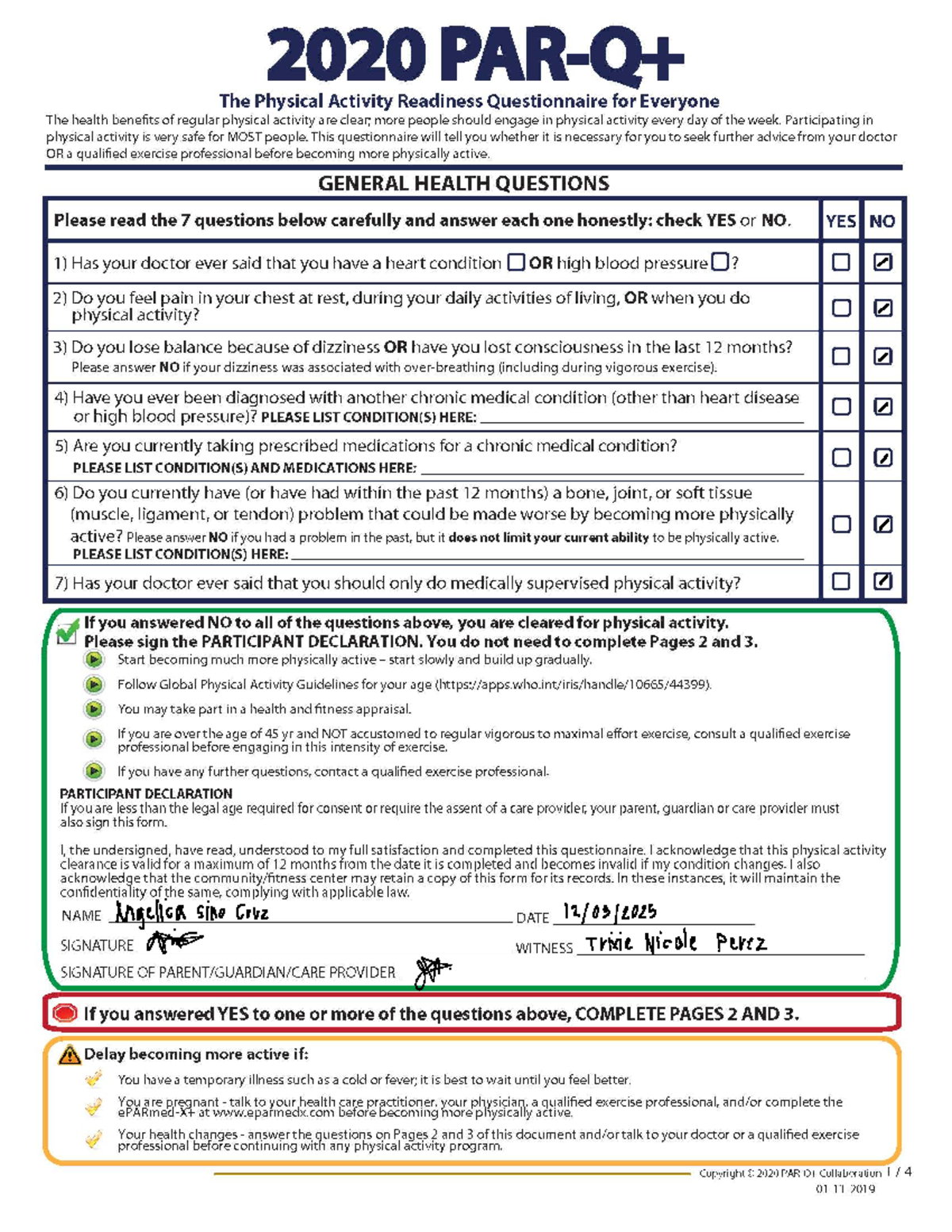 Physical Activity Readiness Questionnaire (PAR-Q) - 2020 Sample - Studocu