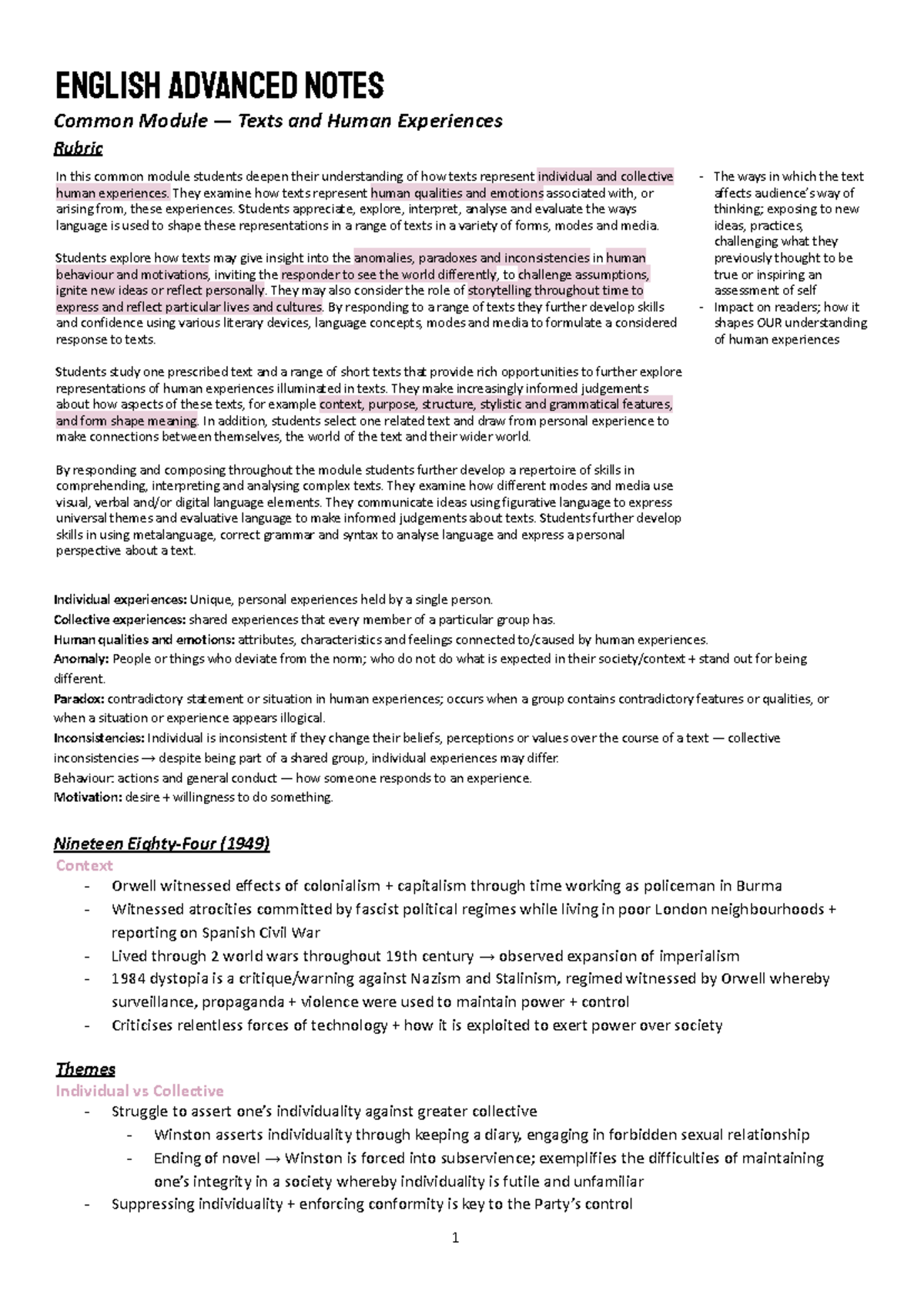 English Advanced - Final assignemnt - ENGLISH ADVANCED NOTES Common ...