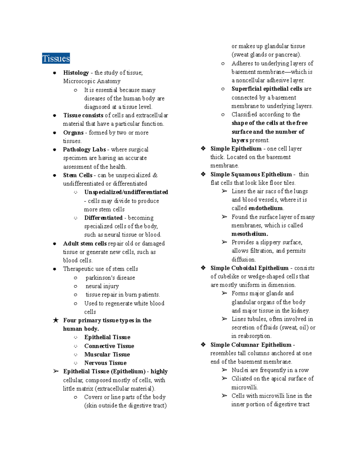 Tissues Histology: Understanding Microscopic Anatomy and Function - Studocu