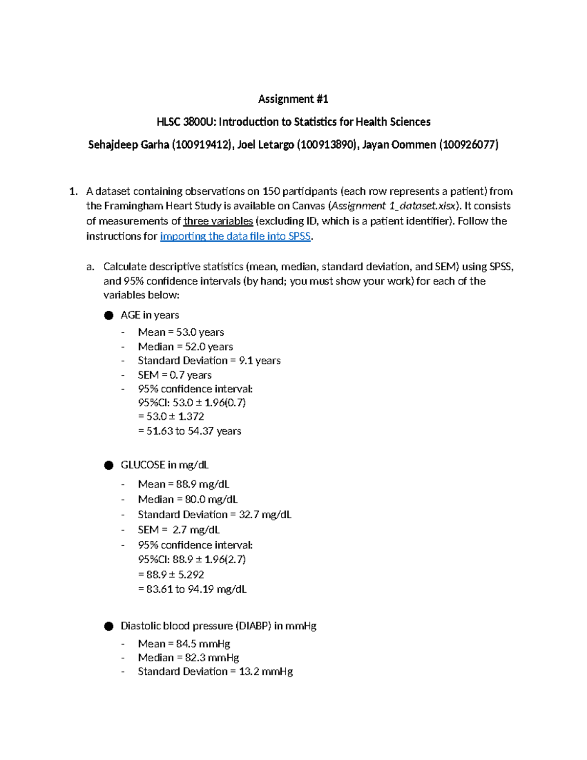 Assignment HLSC 3800U: Intro to Statistics - Framingham Heart Study ...
