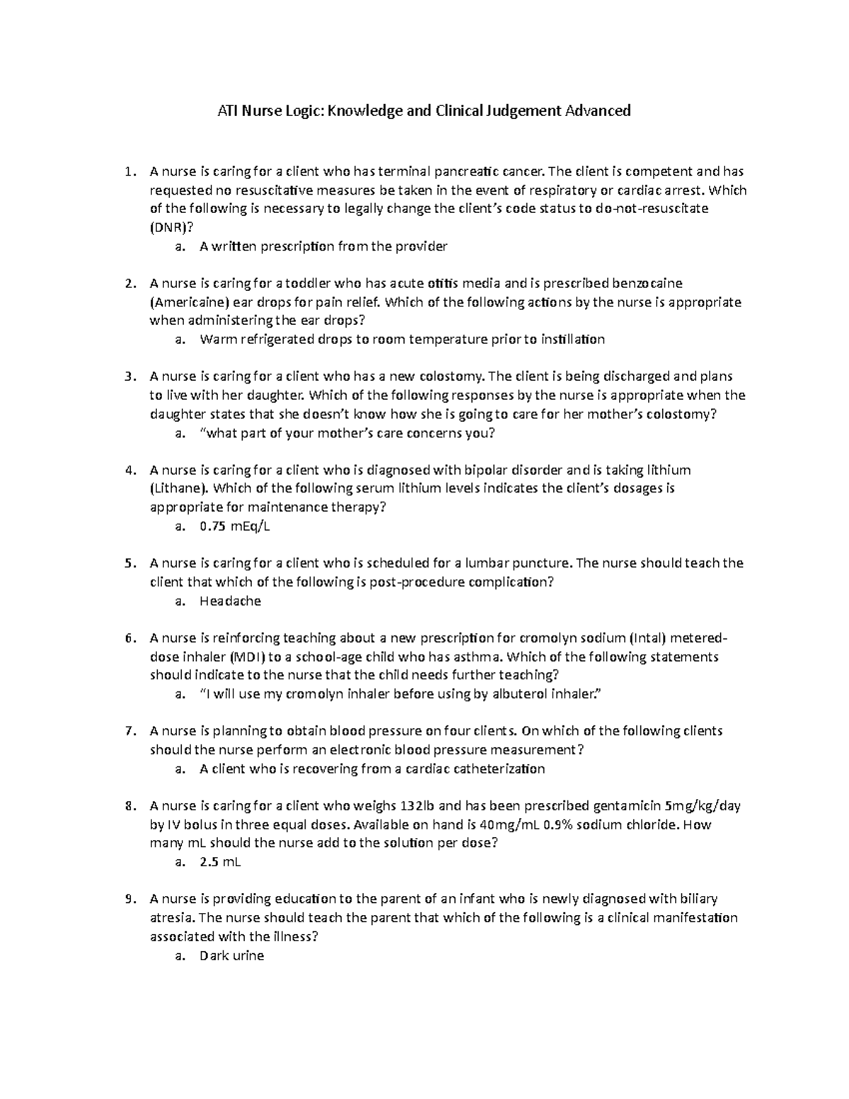 ATI Nurse Logic: Advanced Knowledge & Clinical Judgement Exam - Studocu