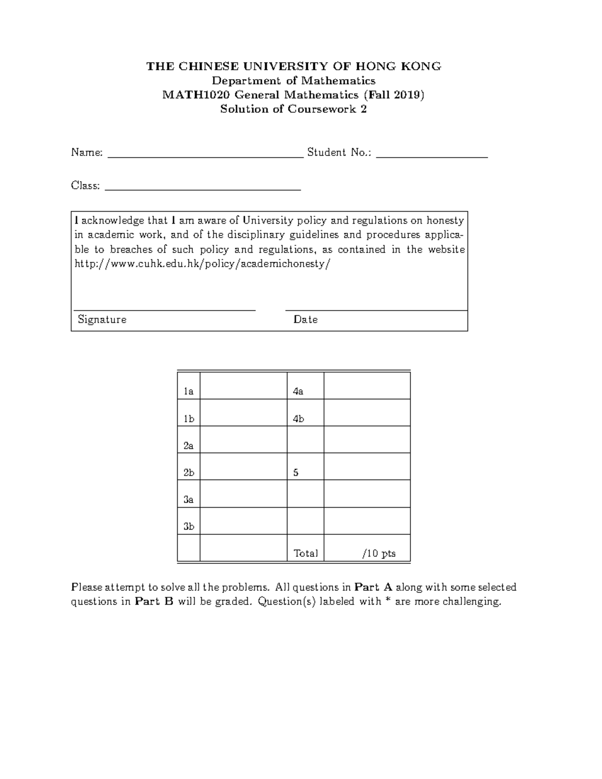 MATH1020 Fall 2019 Coursework 2 Solutions and Explanations - Studocu