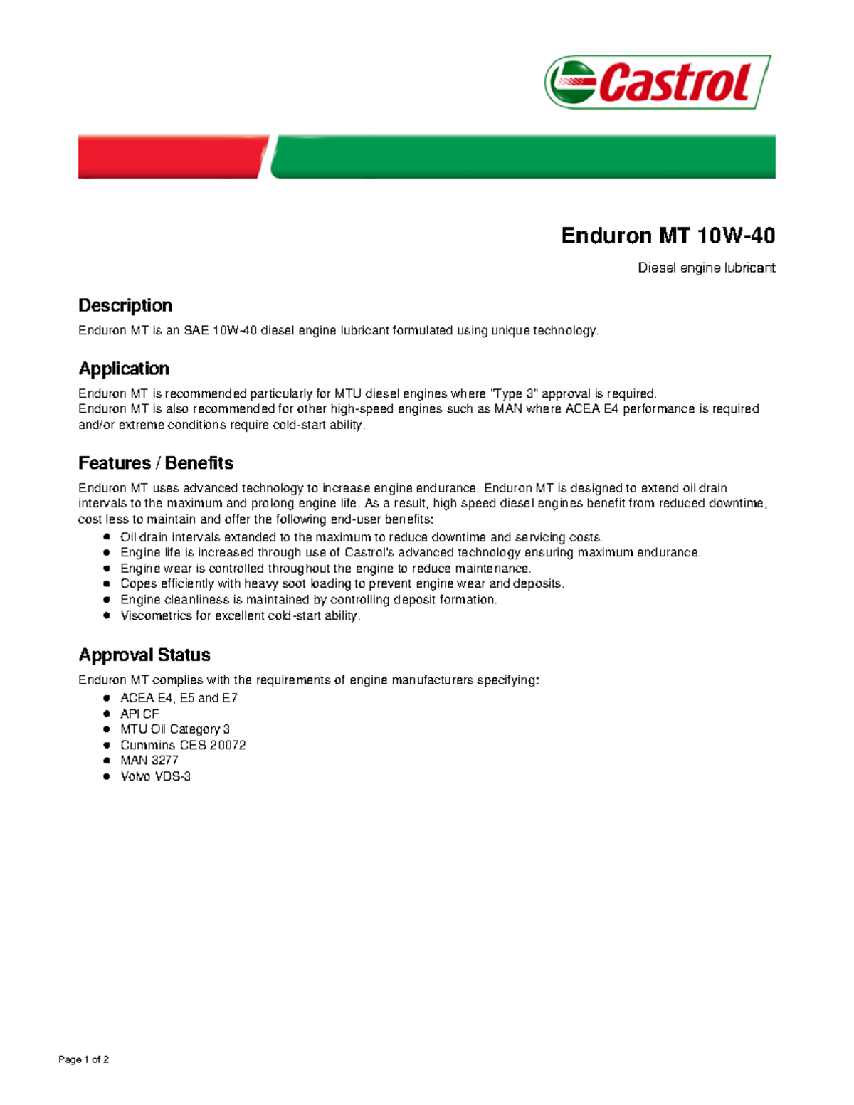 Enduron MT 10W-40 Diesel Engine Lubricant Overview - Studocu