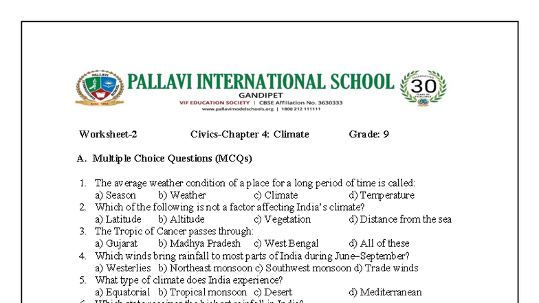 G9-Climate Chapter MCQs Worksheet: Grade 9 A - Studocu