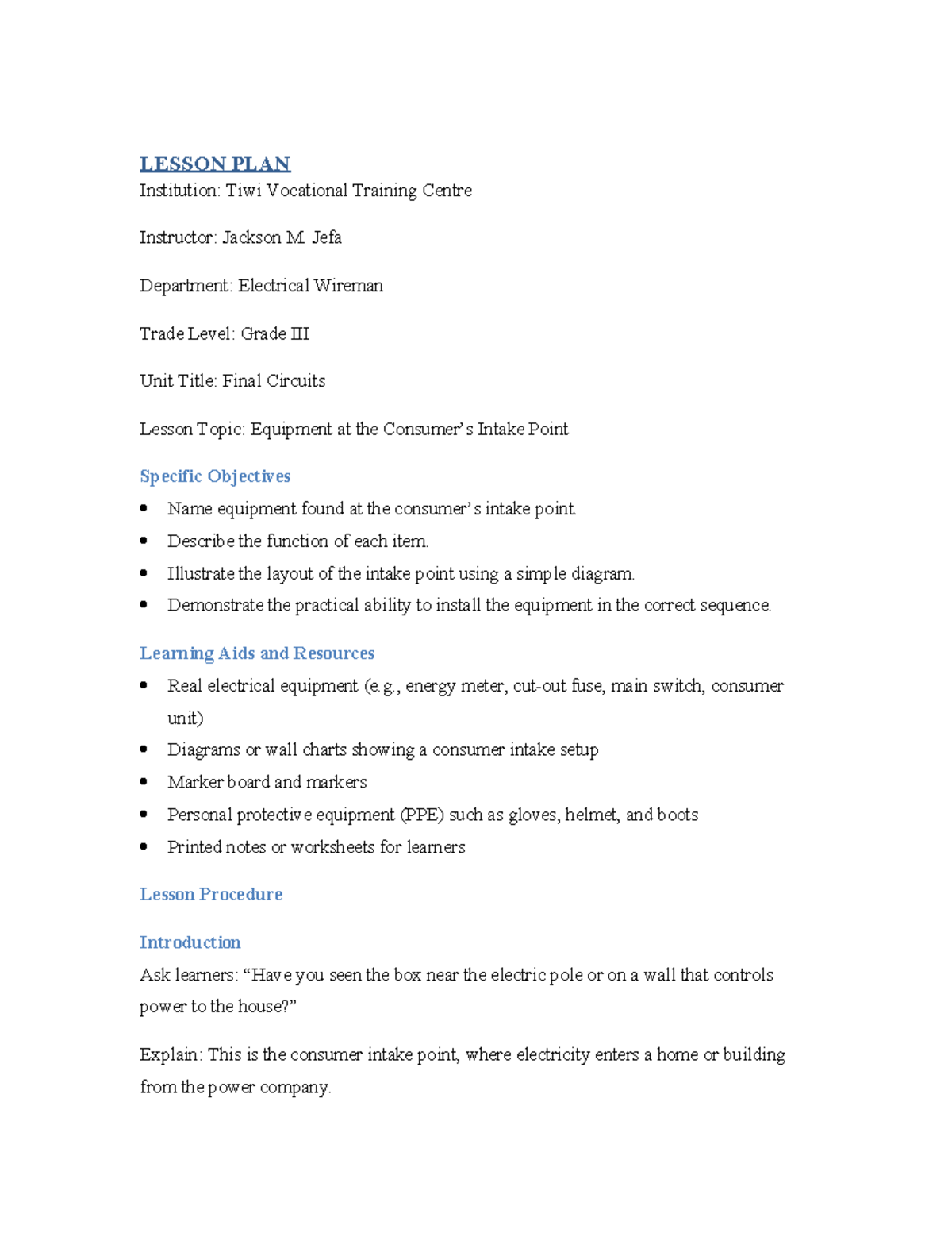 Consumer Intake Point Lesson Plan - Electrical Wireman Trade - Studocu