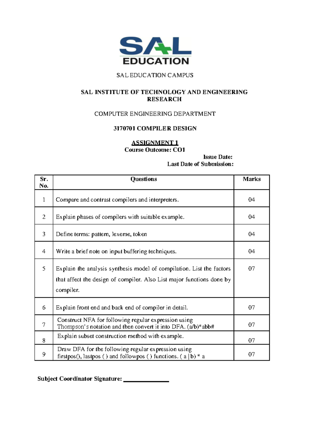 3170701 Compiler Design - Assignments 1, 2 & 3 Overview - Studocu