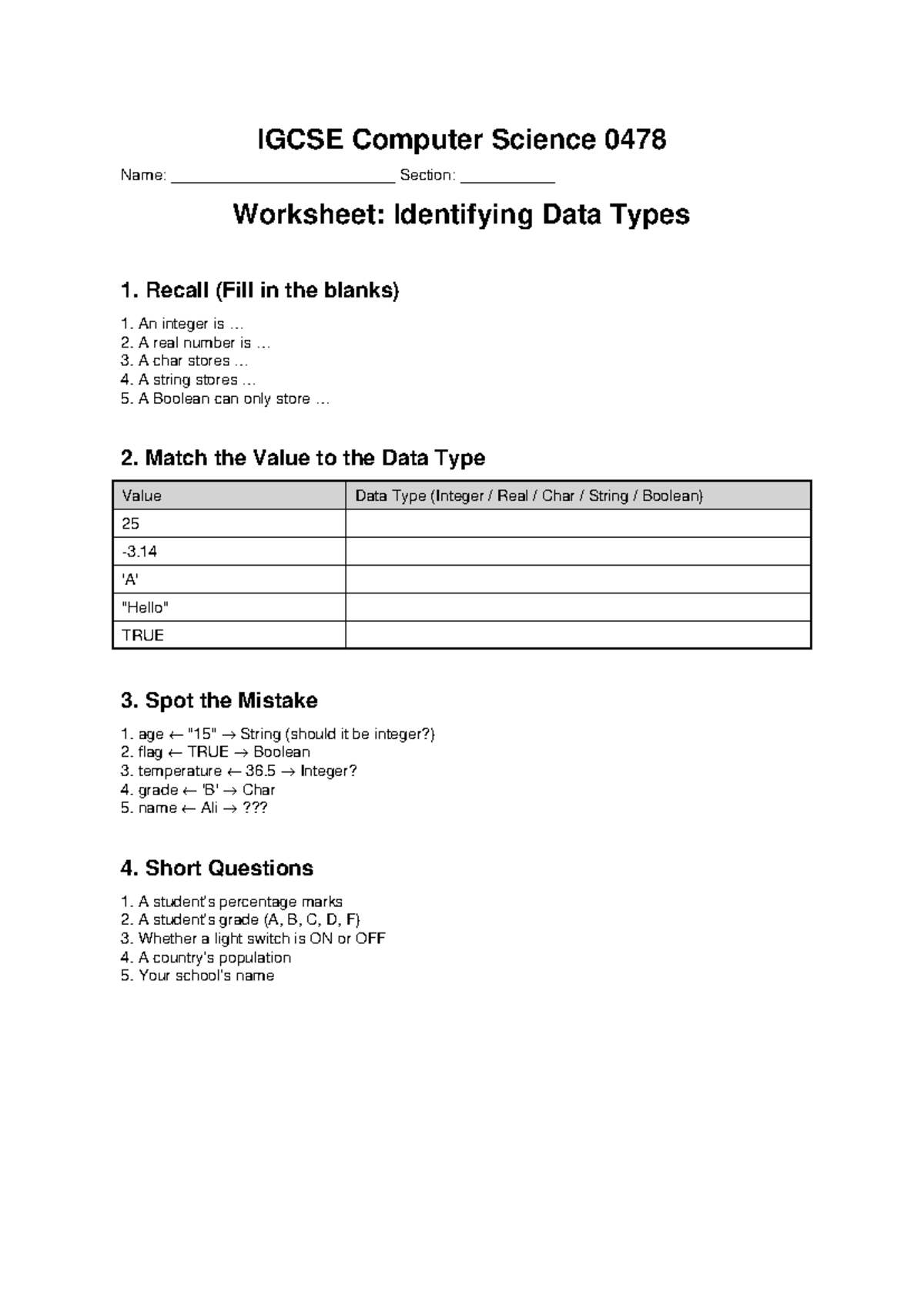 IGCSE Computer Science 0478: Data Types Worksheet v4 - Studocu