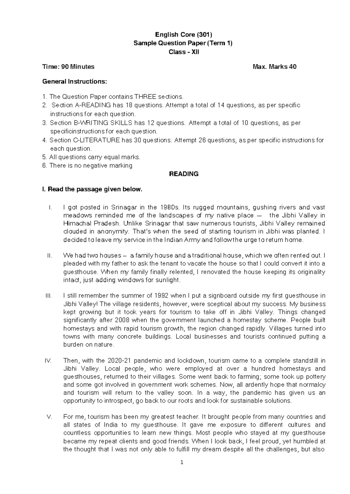 English Core-SQP - Sample question paper - English Core (301) Sample ...