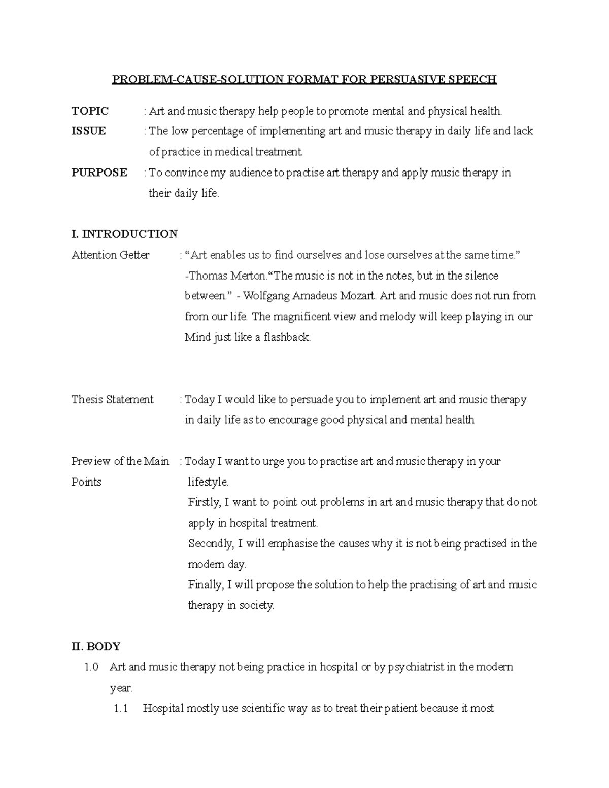 PS 101: Persuasive Speech Outline on Art & Music Therapy Benefits - Studocu
