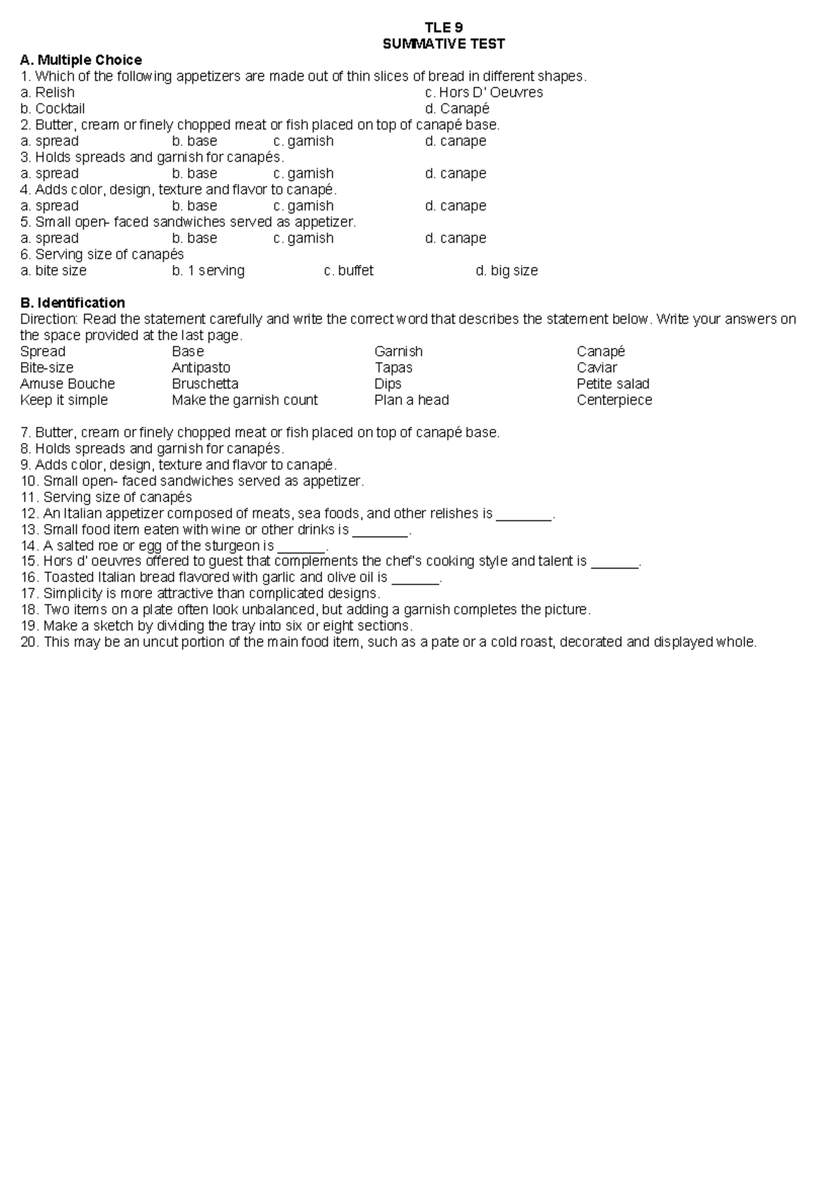 TLE 9 Summative Test A: Appetizers and Canapés Quiz - Studocu