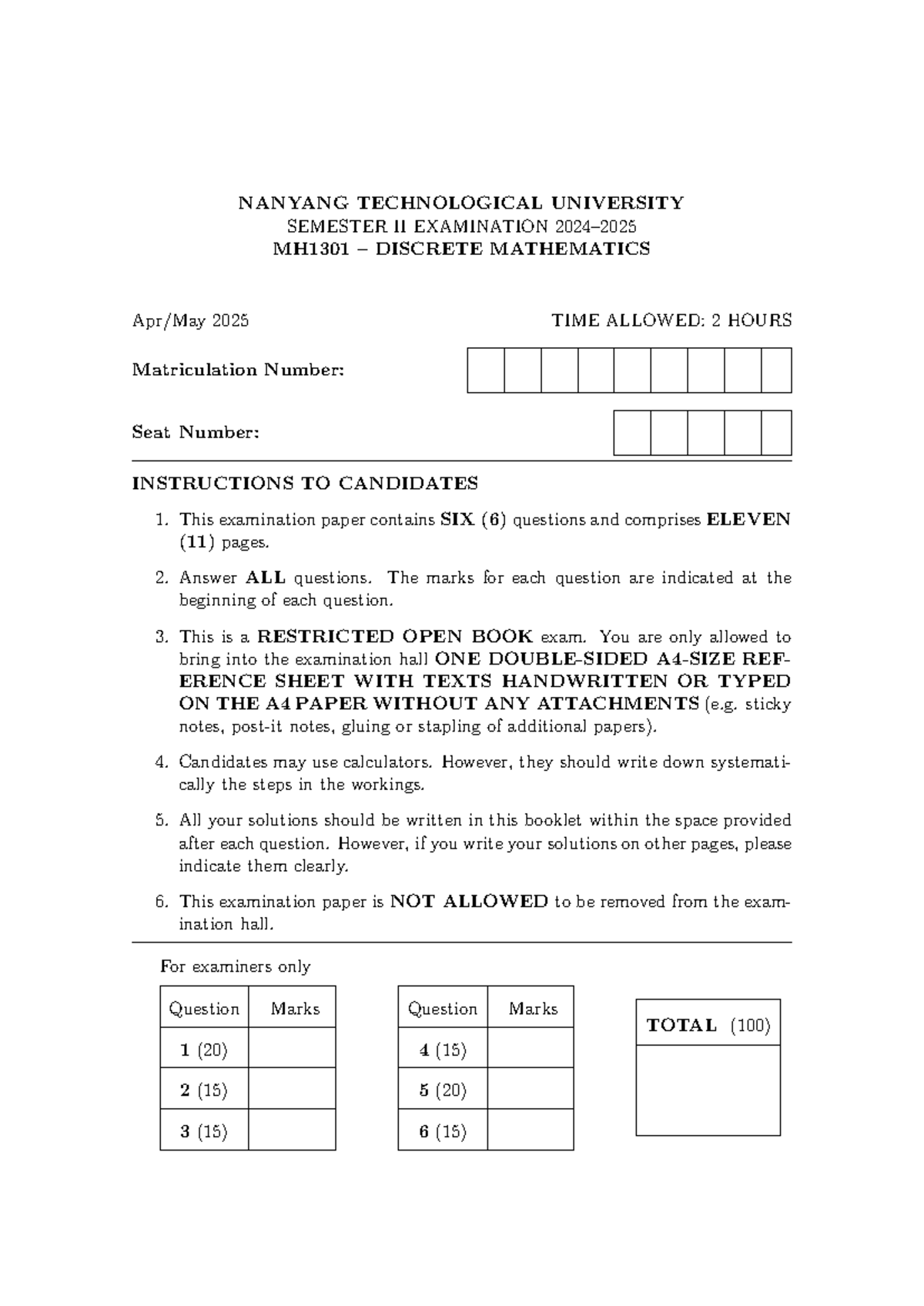 Final Exam - MH1301 Discrete Mathematics - Semester II 2025 - Studocu