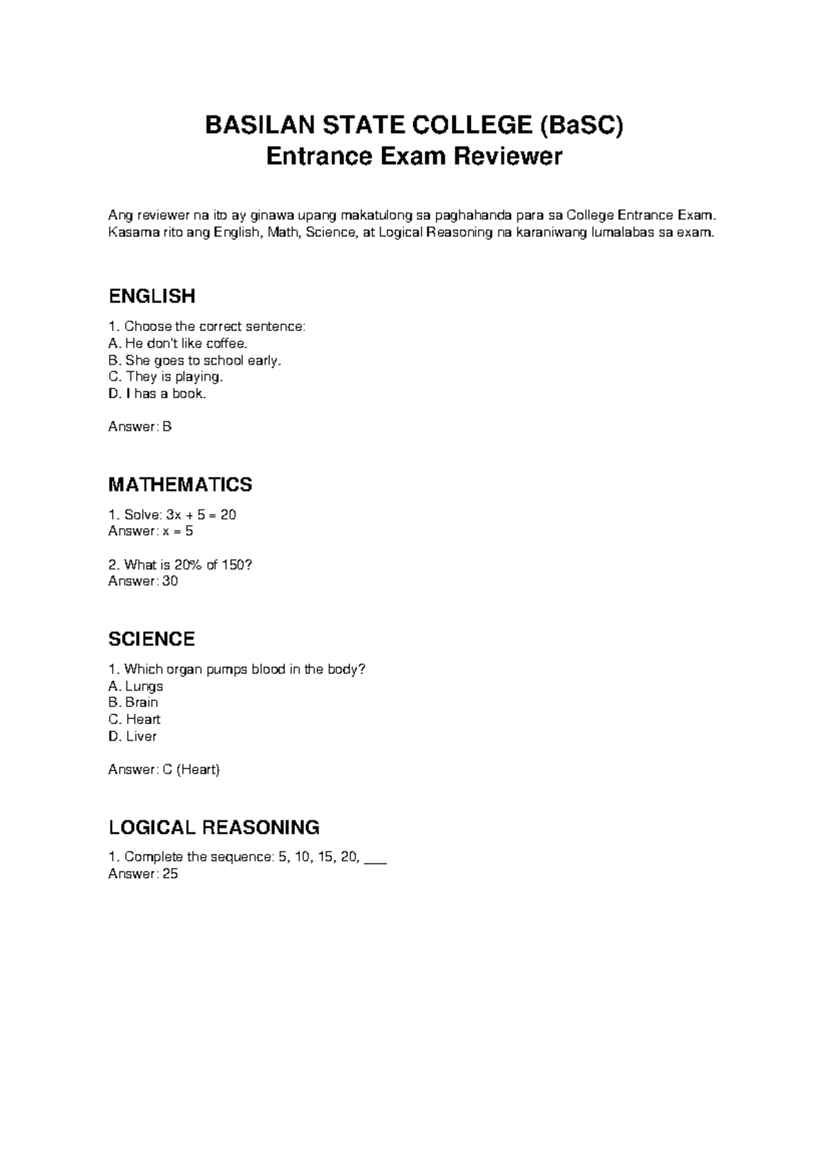BASILAN STATE COLLEGE (BaSC) Entrance Exam Reviewer Guide - Studocu
