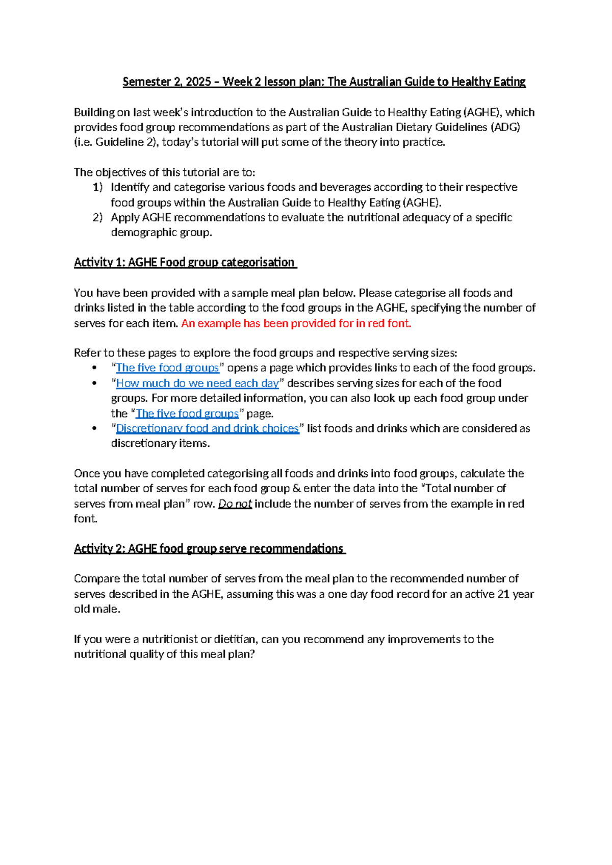 Week 2 Lesson Plan: AGHE Food Group Categorization & Recommendations ...