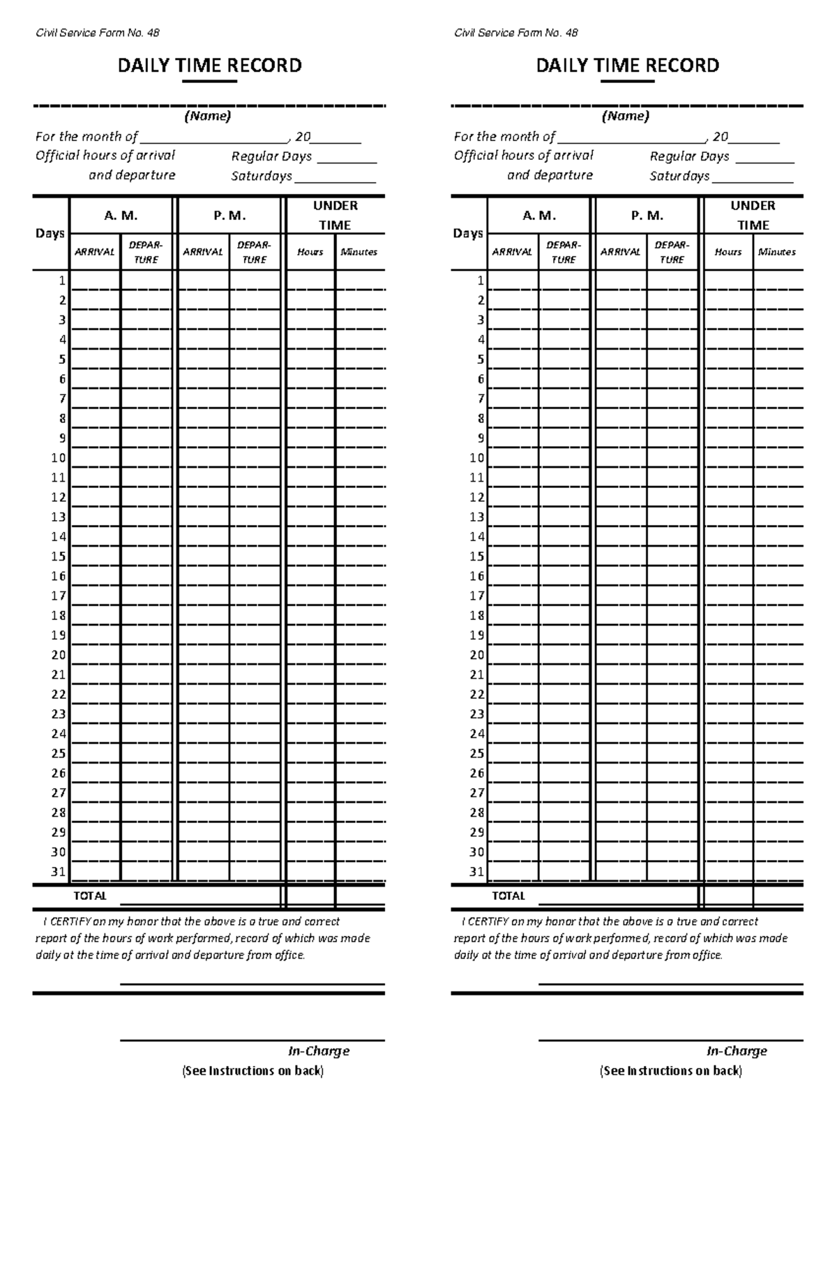 Civil Service Form No. 48 - Daily Time Record Template - Studocu