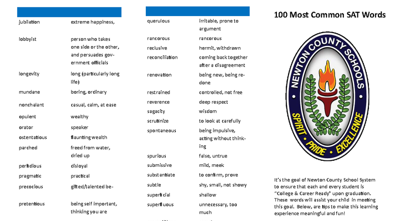 SAT Vocab List: 100 Common Words for Success - Studocu