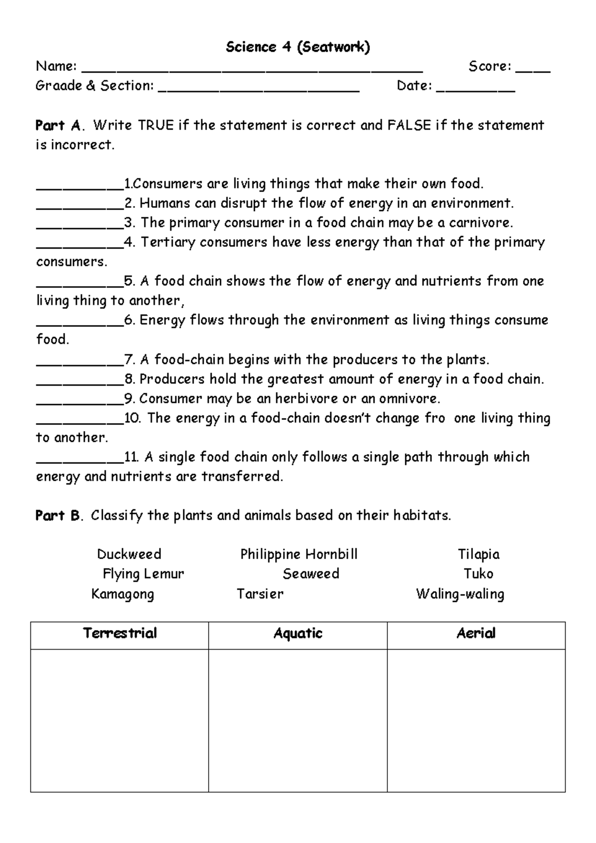 Seatwork for grade 4 - Science 4 (Seatwork) Name