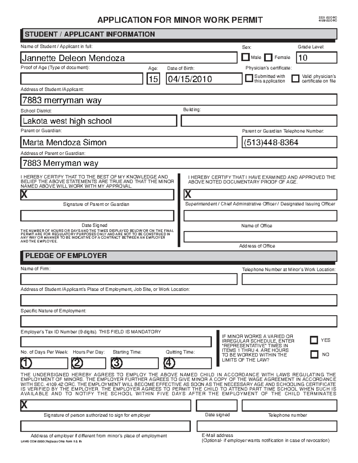 ORC 4109.02 Minor Work Permit Application for Jannette Deleon Mendoza ...